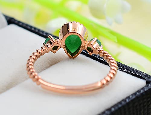 Natural Green Emerald 6X9 MM Pear Cut May Birthstone Gemstone 925 Sterling Silver Three Stone Cluster Unisex Ring For Wedding Gift (Rose Gold Rhodium Plated Silver, 7)