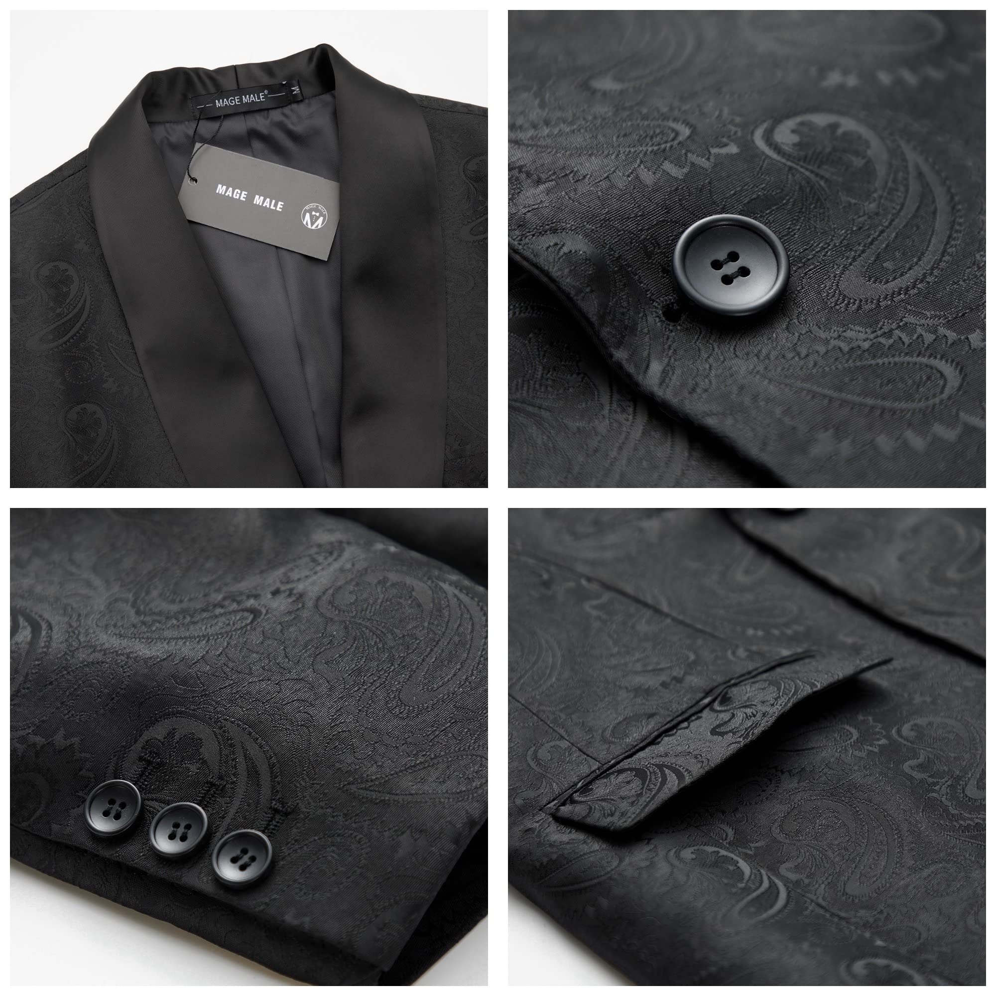 MAGE MALE Men's 2 Piece Floral Tuxedo Suit Paisley Shawl Lapel One Button Slim Fit Single Breasted Suit Jacket Pants Set Black