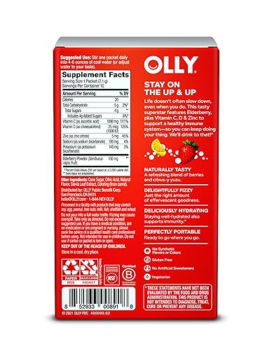 OLLY Immunity Powder, Daytime Immune Support, Elderberry, Vitamin C, D, Zinc, Fizzy Drink Mix, Berry Yuzu Lemonade - 10 Count
