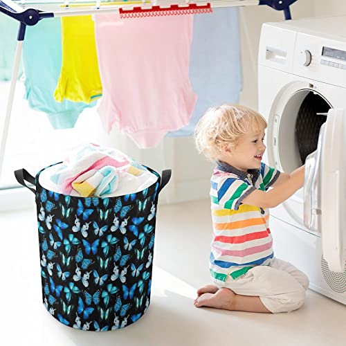 Watercolor Butterfly Laundry Basket Round Collapsible Storage Bin with Drawstring and Handle for Bedroom Bathroom Toys Room 17.3" X 13.8"