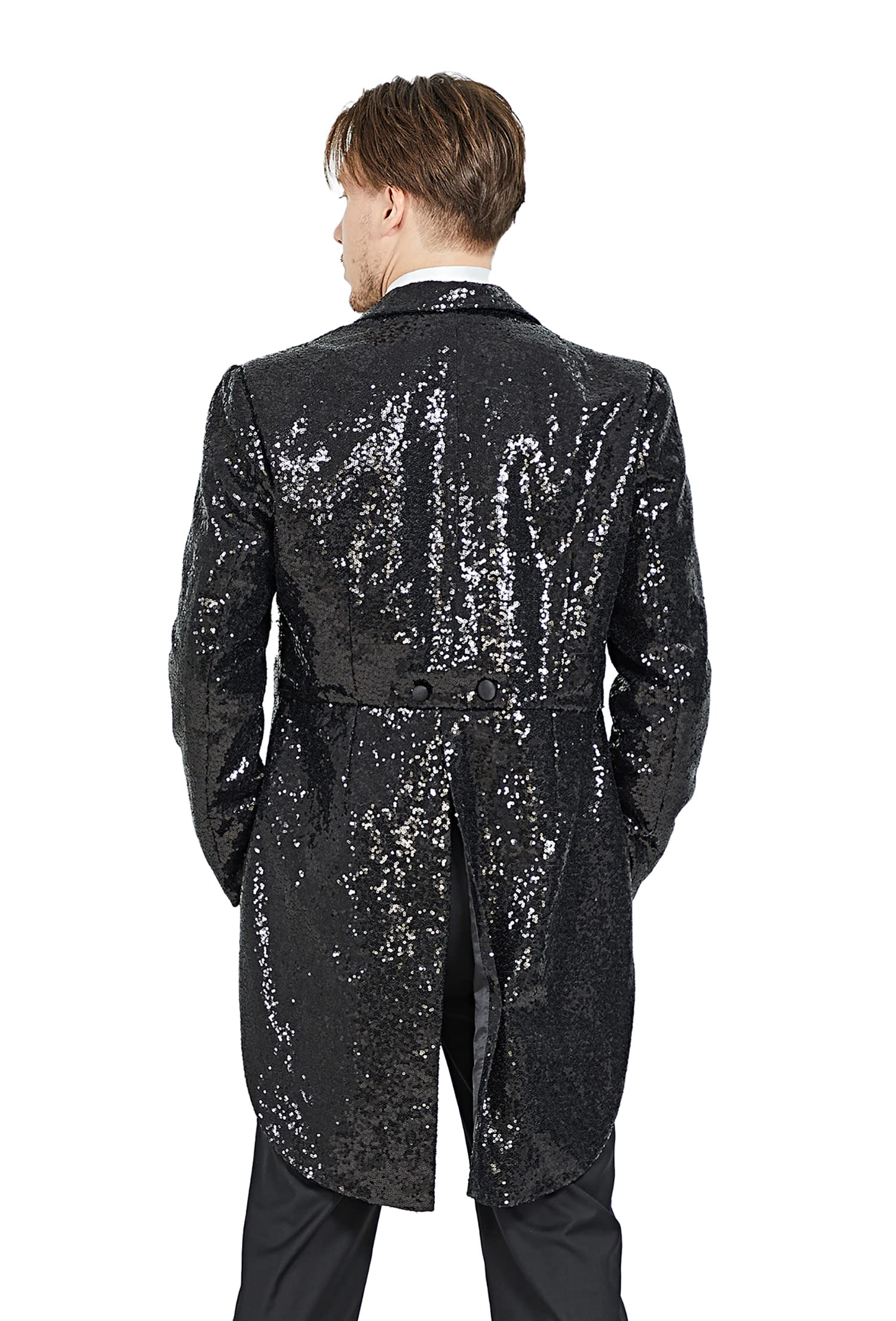 MAGE MALE Mens Sequin Tuxedo Jacket Tails Slim Fit Tailcoat Dress Coat Swallowtail Dinner Party Wedding Blazer Suit Jacket Black