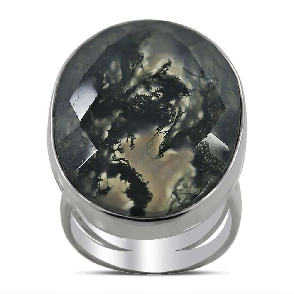 Natural Green Moss Agate Gemstone Ring | Solid 925 Sterling Silver Oval Shape Gemstones Rings Jewelry Gift for Man and Women (Available in size 5, 6, 7, 8, 9, 10) (Green Moss Agate, 6)
