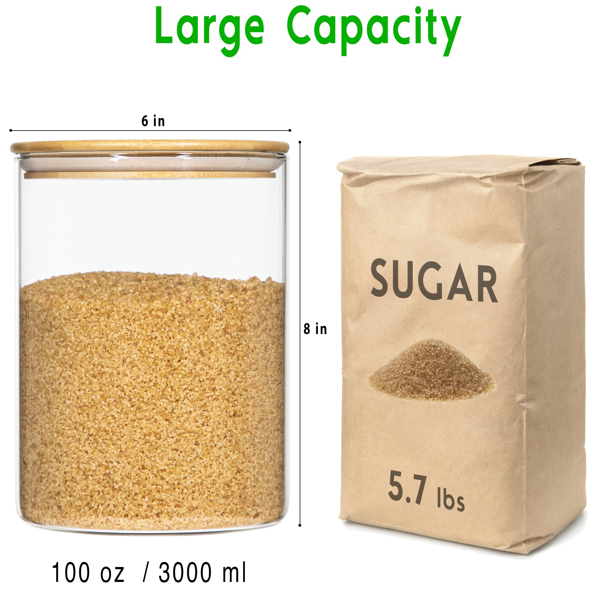Micheva Trading Company Extra Large Airtight Glass Food Storage Containers with Bamboo Lids, 100 FL OZ (3000 ml), 2-Pack