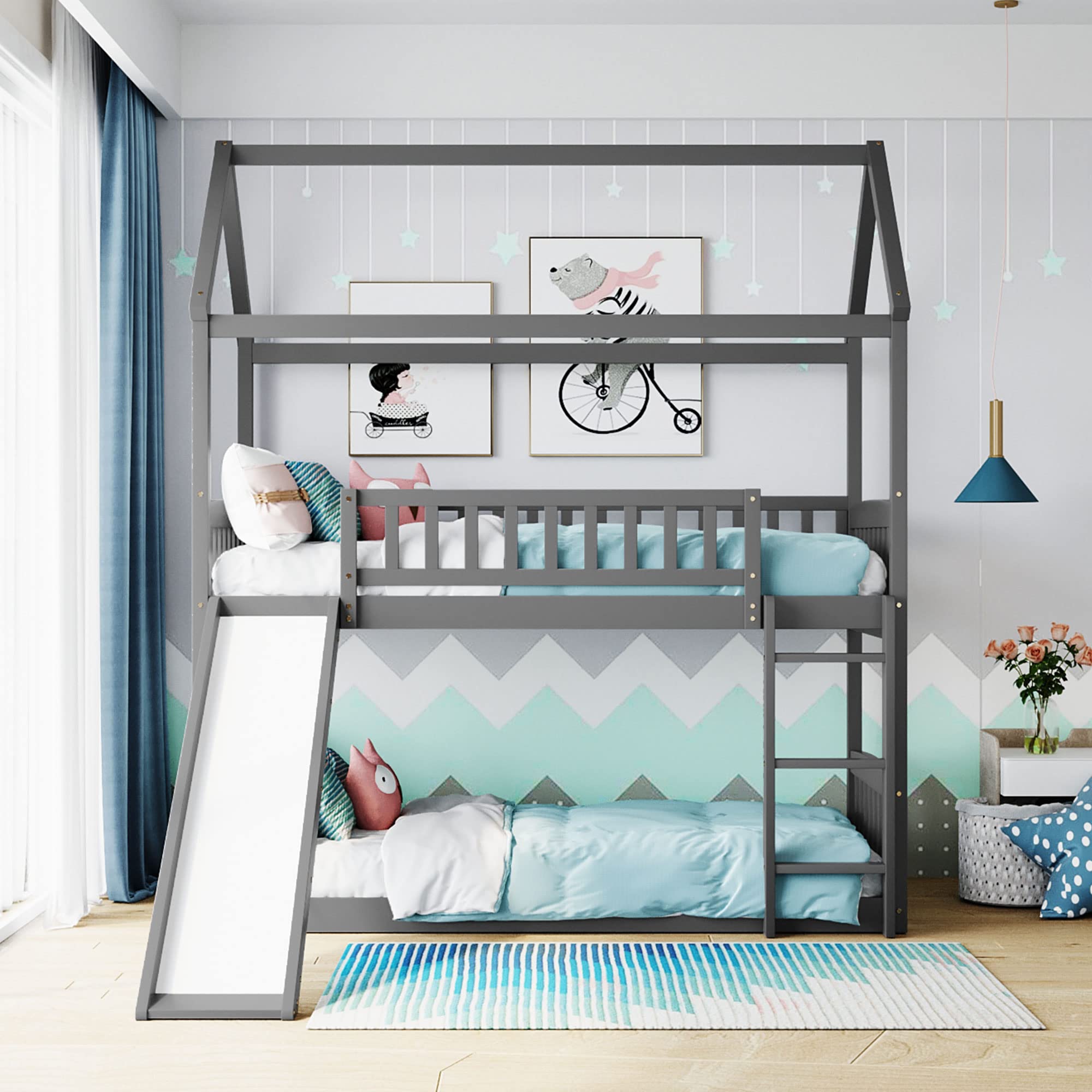 LostCat Full over Full Bunk Bed with Convertible Slide and Ladder,Solid Pinewood Frame, Low Bunk Bed w/Safety Guardrails,Suitable for Kids/Teen,No Box Spring Needed,Grey