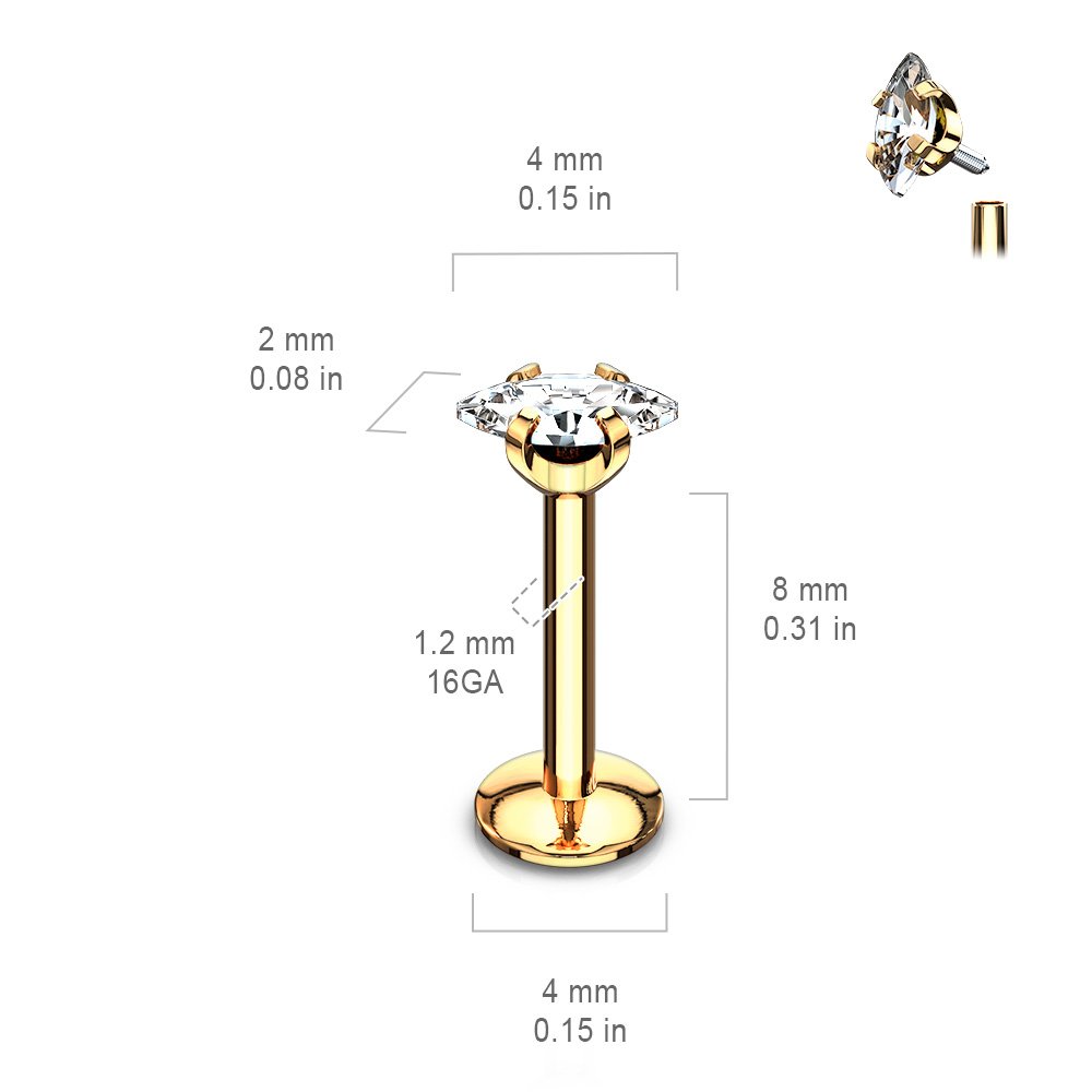 MoBody 2PCS Labret Piercing Studs Set 16G Crystal Clear CZ Internally Threaded Monroe Lip Ring Helix Earring (Rose Gold-Tone - 6mm)