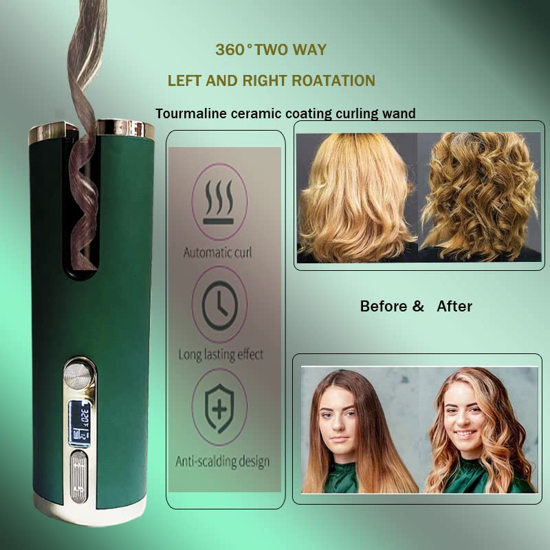 USB Automatic Hair Curler Cordless Automatic Curling Tongs with Rechargeable Battery Heat Isolating Chamber LCD Display 6Kinds of Temperature Control & Timer Settings (Gradient Pink)