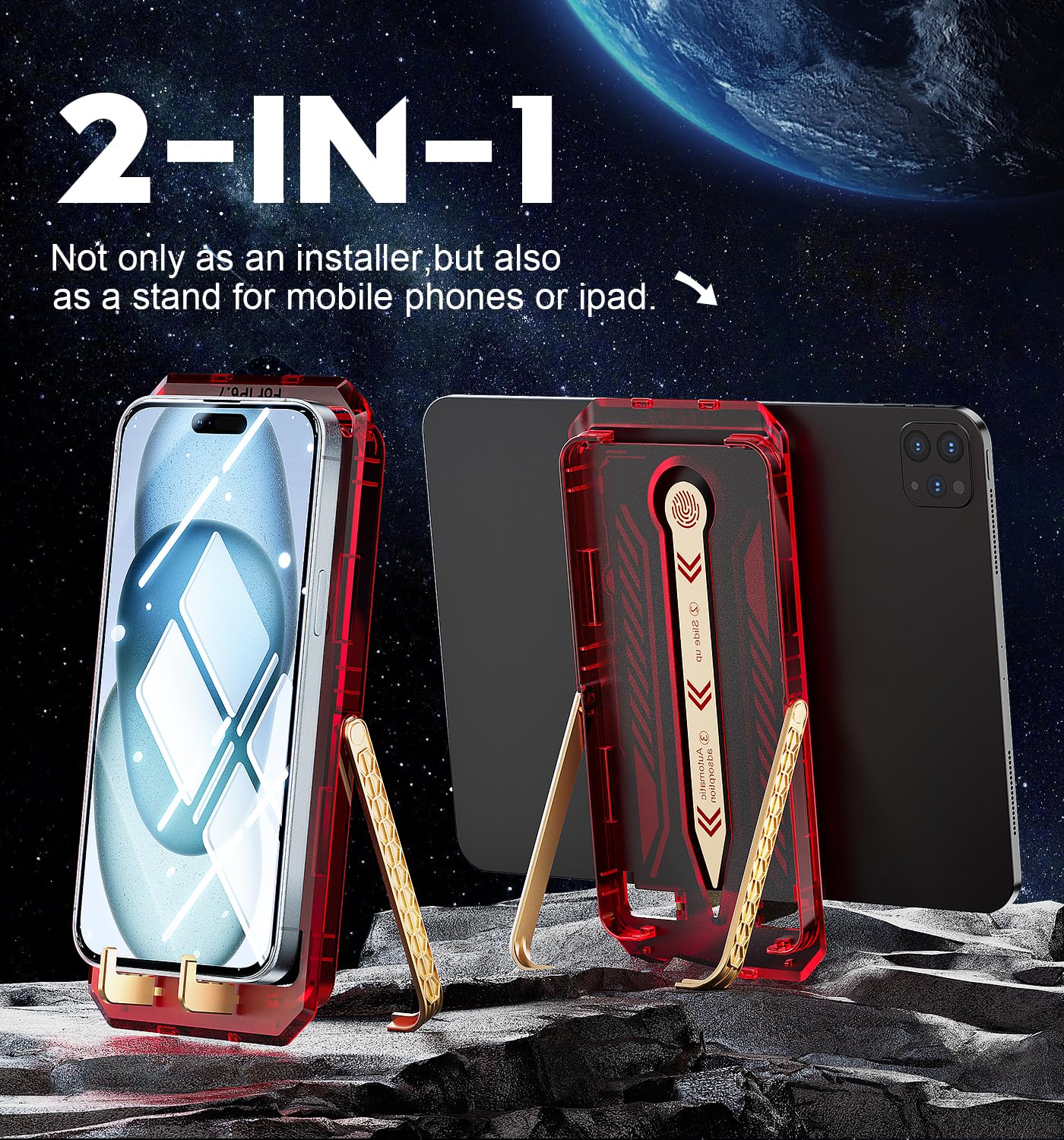 MAGIC JOHN 2 Pack for iPhone 15 Pro Max 6.7 inch Tempered Glass Screen Protector with Cell Phone Stand, Auto Dust-Elimination Installation, Bubble Free, HD Clear, Easy Installation