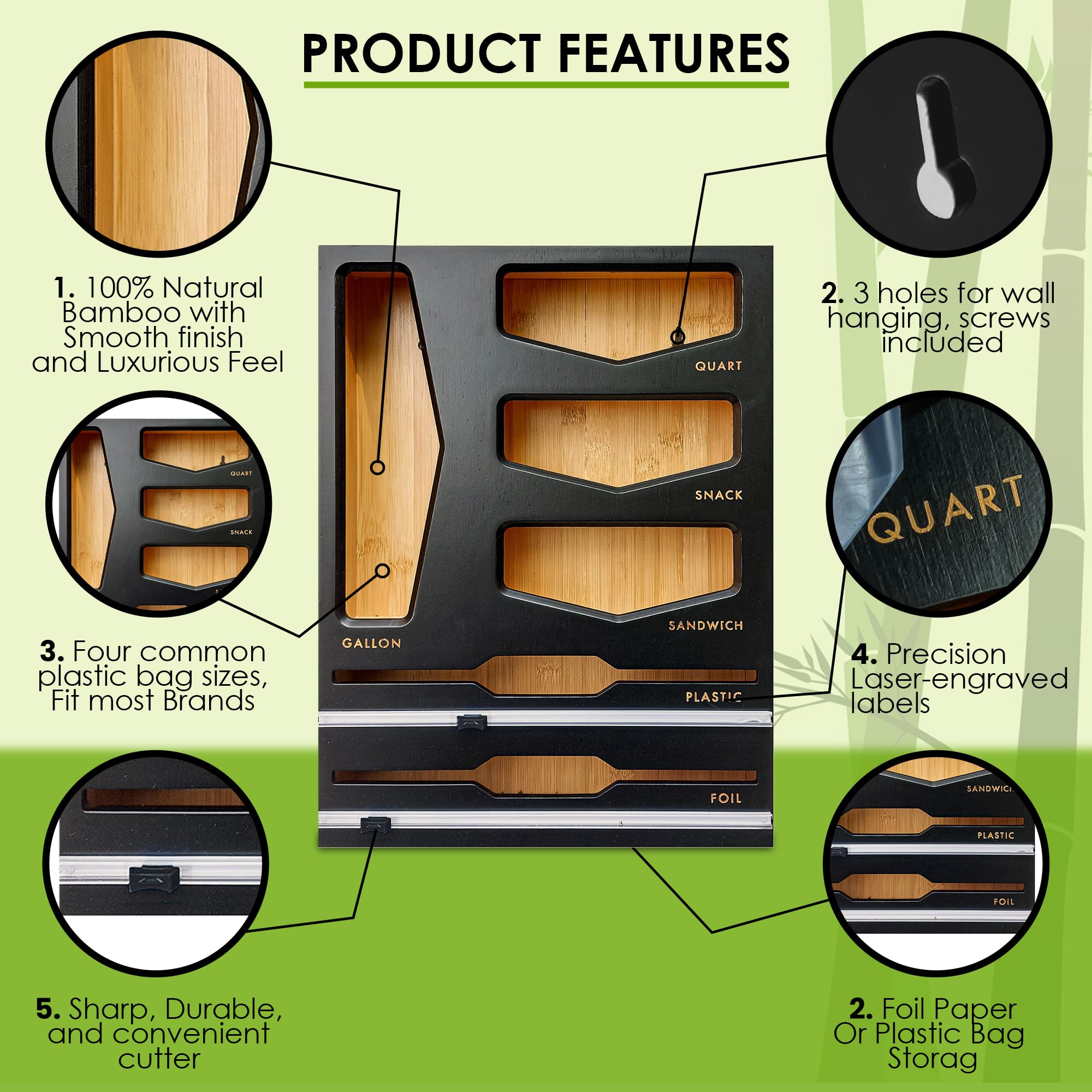 ORGANYZA Ziplock Bag Organizer and Plastic Wrap Dispenser with Cutter-100% Bamboo storage bag organizer 6 In 1 with aluminum foil dispenser, includes 4 Plastic bag dispenser, 2 kitchen wrap organizer.