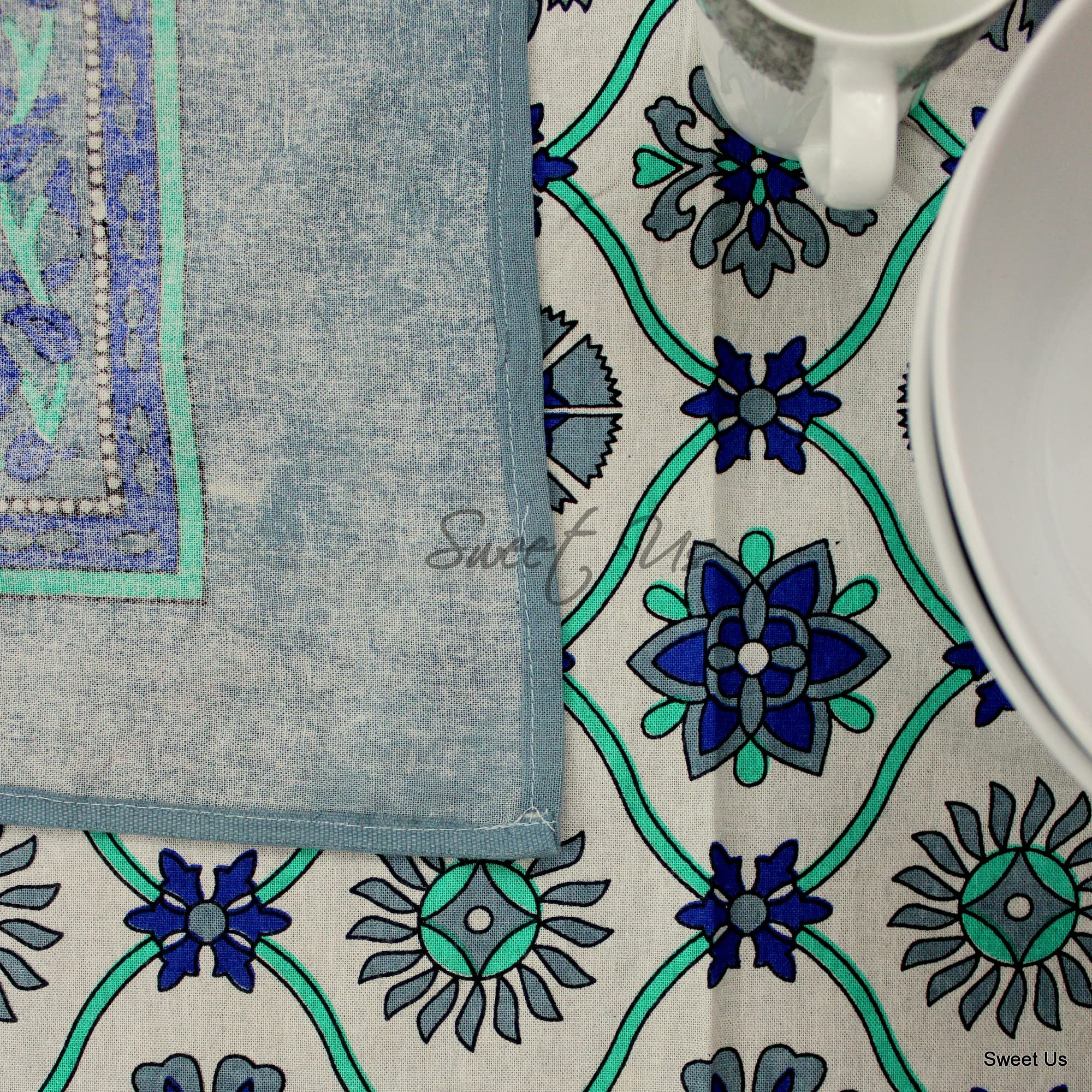 Sweet Us Floral Tablecloth for Rectangle Tables, Cotton Floral Kitchen Dining Table Cloth and Napkin Bundle, Table Linen White Gray Turquoise Blue, Table Cover for Indoors and Outdoors 70 x 104 in