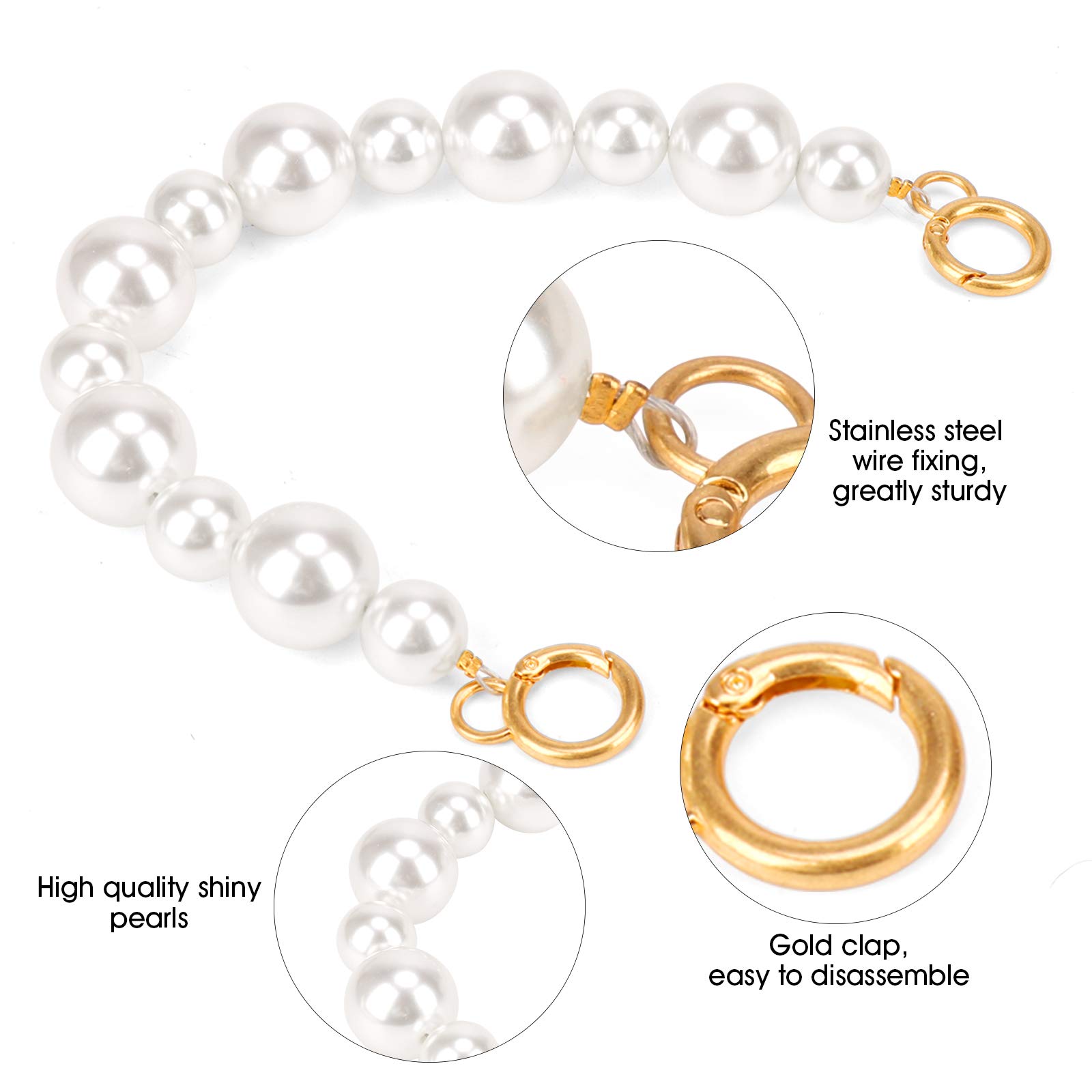 Purse Replacement Chains with Clasp Cenoz 2PCS DIY Heavy Chunky Aluminum Metal Chain Imitation Pearl Bead Purse Strap Handbag Chain Accessories for Bag Decoration (Gold and Pearl White)