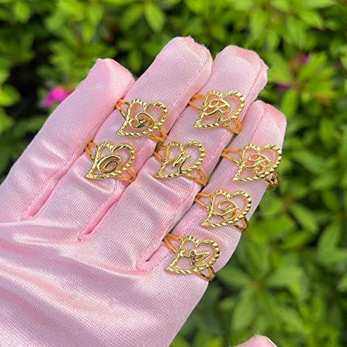 SPRING YOW 26 Initials Heart Ring Gold Plated & Rose Gold Jewelry For Women Adjustable Rings Mother Day - L - Rose Gold - Resizable