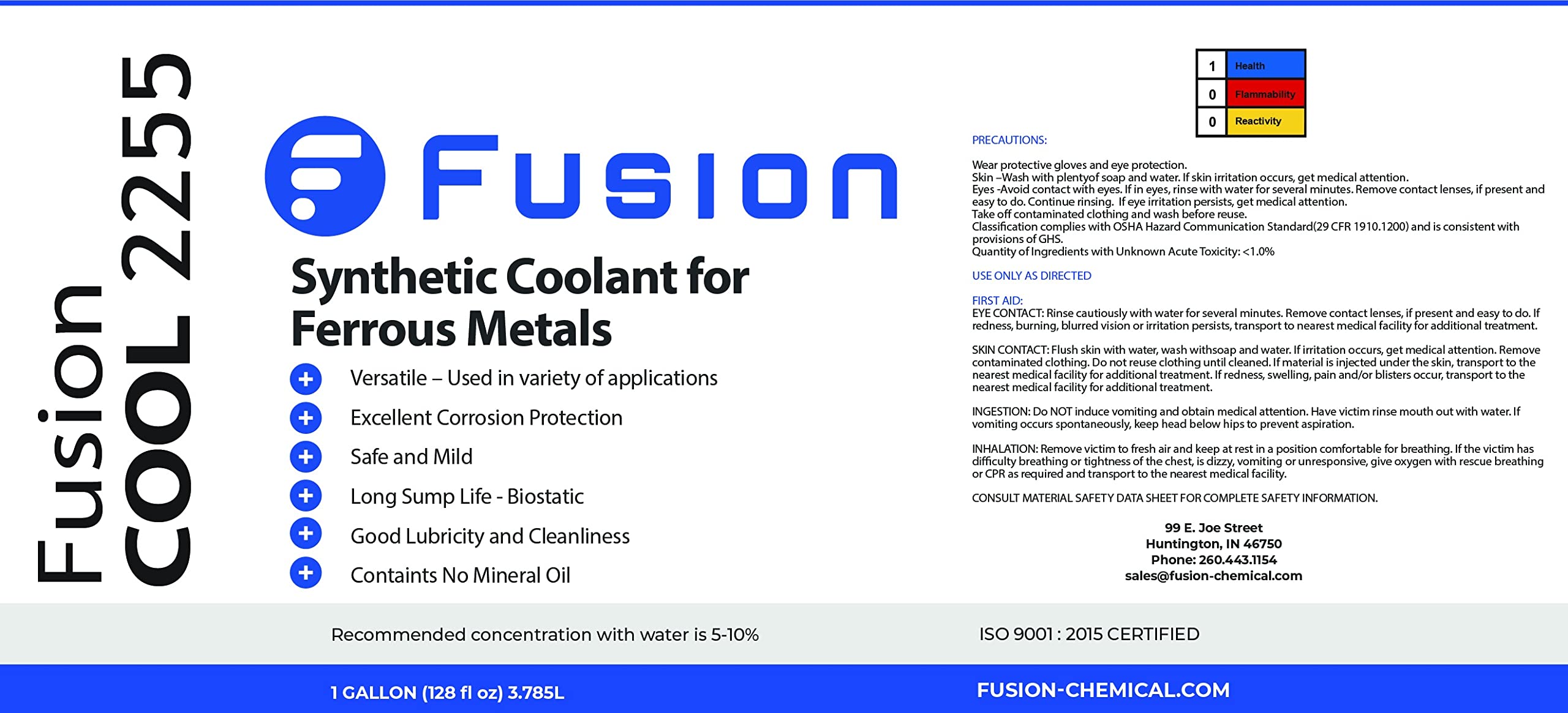 Mist Coolant for Metal Cutting Applications | Fusion Cool 2255 | Premium Synthetic Metalworking Fluid (1 Gallon)