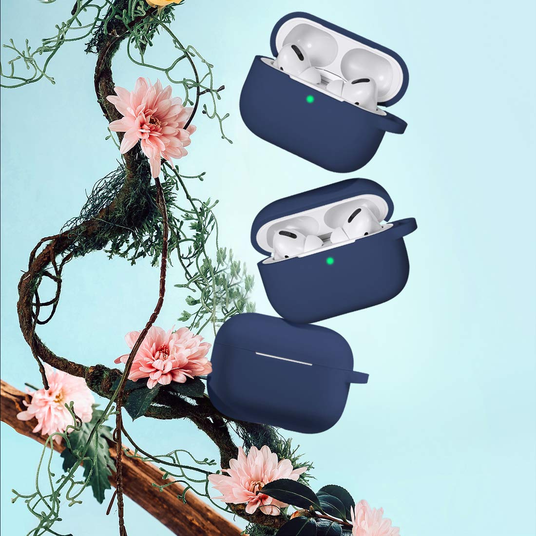 R-fun AirPods Pro Case Cover with Keychain, Full Protective Silicone AirPods Skin Cover for Women Men with Apple 2019 Latest AirPods Pro Case, Front LED Visible-Midnight Blue