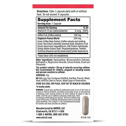 Natrol Cognium Focus Capsules, Improve Focus and Concentration, Brain Health Support, Dietary Supplement, Drug Free, 60 Capsules