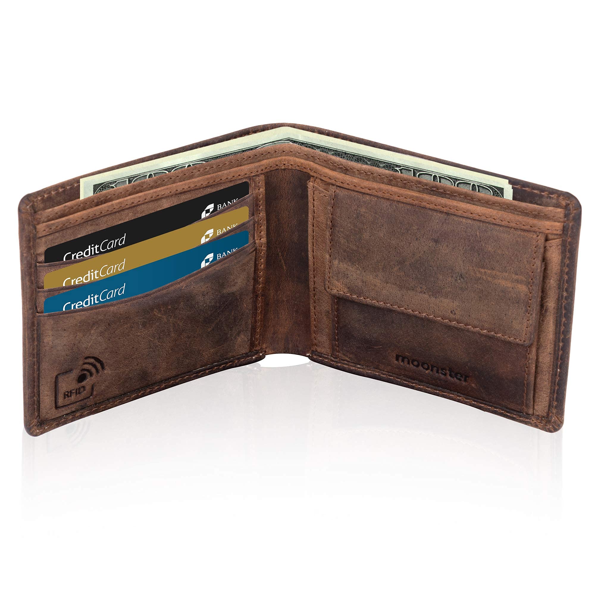 moonster Mens Leather Wallet with RFID Blocking - Keeps Cash and Cards Safe, Organized and Easy to Access - Slim, Minimal Wallets for Men - Full Grain Buffalo Leather - Comes in Stylish Gift Box