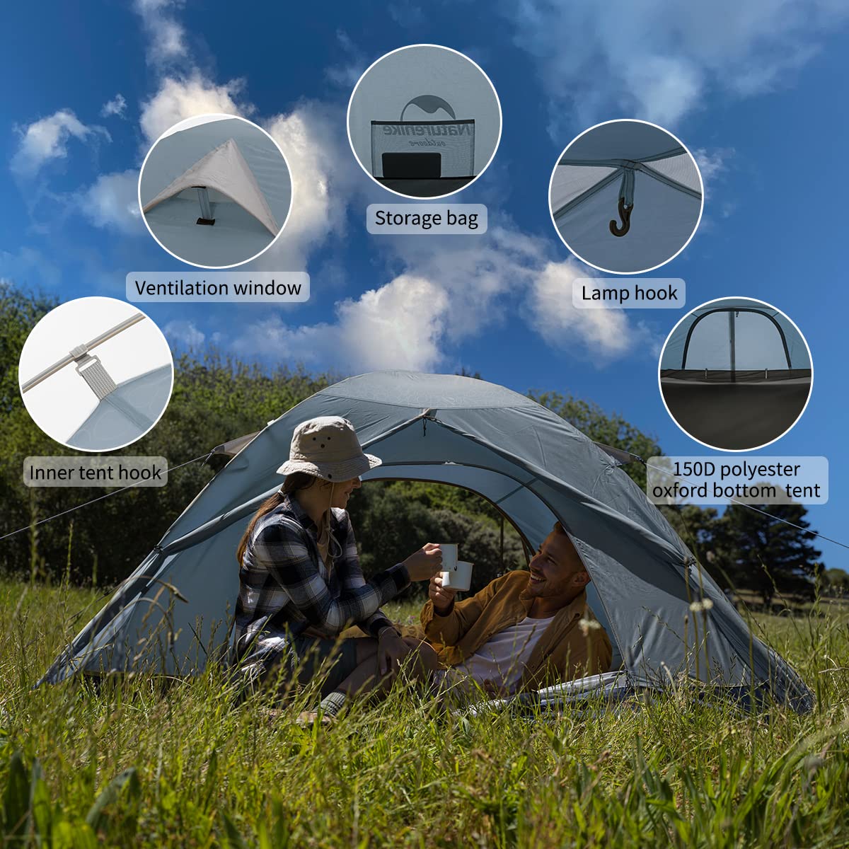 Naturehike P Series Lightweight 2 Person Tent Outdoor Rainproof Sunscreen Camping Tent for Beach, Park, Hiking