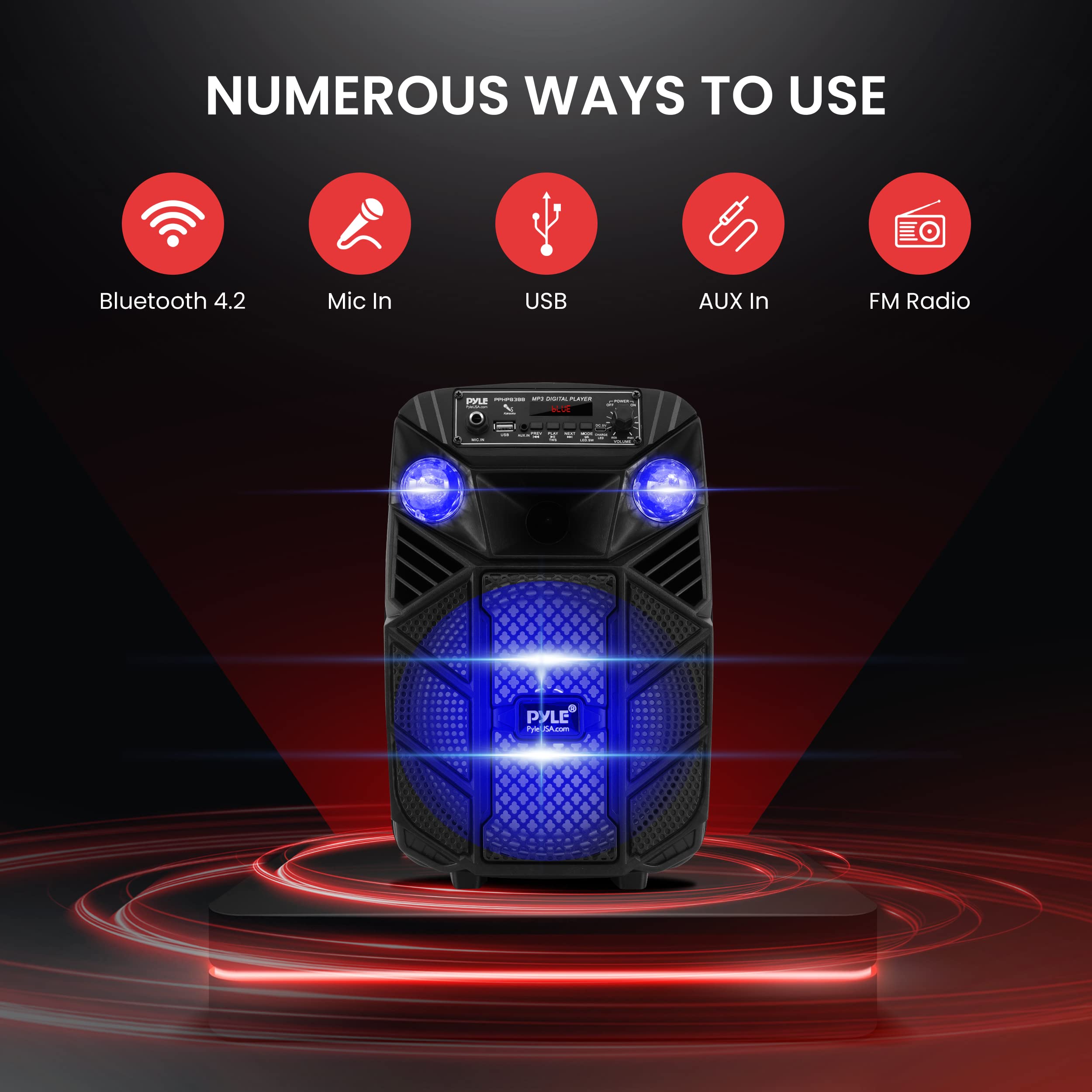 Pyle Bluetooth PA Speaker System - 300W Rechargeable Outdoor Bluetooth Speaker Portable PA System w/ 8β Subwoofer 1β Tweeter, Microphone in, MP3/USB, Radio, Remote - Pyle PPHP838B, Black