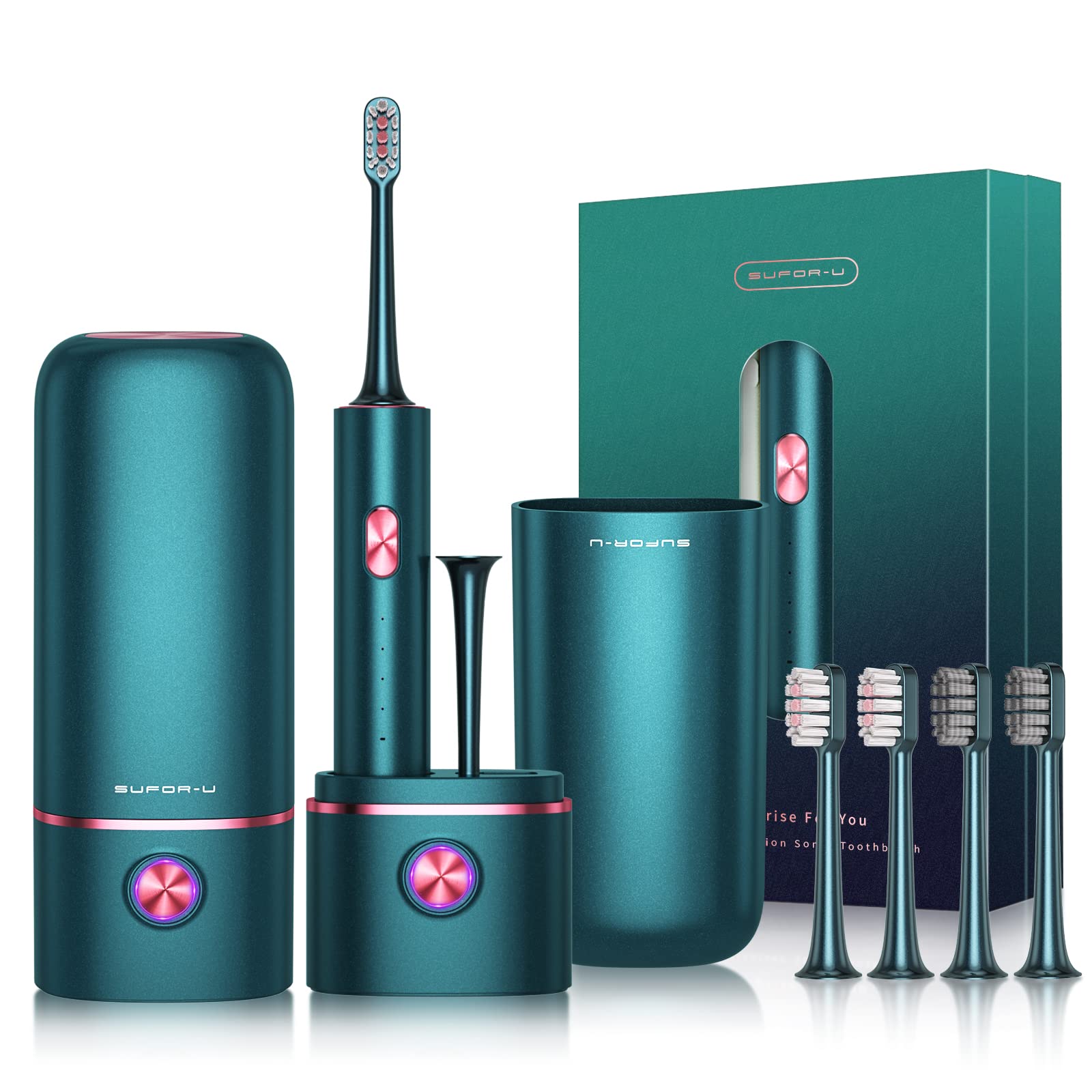 SUFOR-U Q13 Sonic Electric Toothbrush,Upgraded Cleaning & Charging Base,4 Modes Travel Toothbrush for Adults, 4 Hours Fast Charge for 45 Days, 41000 VPM, Smart Timer Powered Toothbrush (Green)