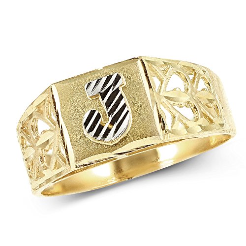 LoveBling 10K Yellow Gold Diamond Cut Ladies Alphabet Initial Ring, Block Lettering (J, 7)