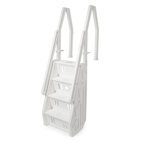 Vinyl Works Deluxe Adjustable 24 Inch in Pool Step Ladder Entry System for Above Ground Swimming Pools with 2 Rails and Non-Slip Surface, White
