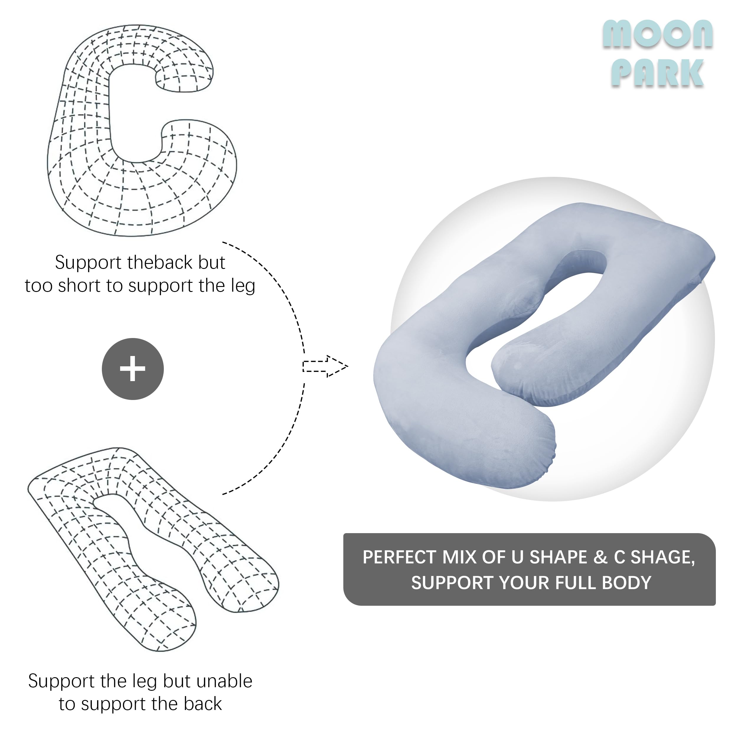 MOON PARK Pregnancy Pillows for Sleeping - U Shaped Full Body Maternity Pillow with Removable Cover - Support for Back, Legs, Belly, HIPS - Grey