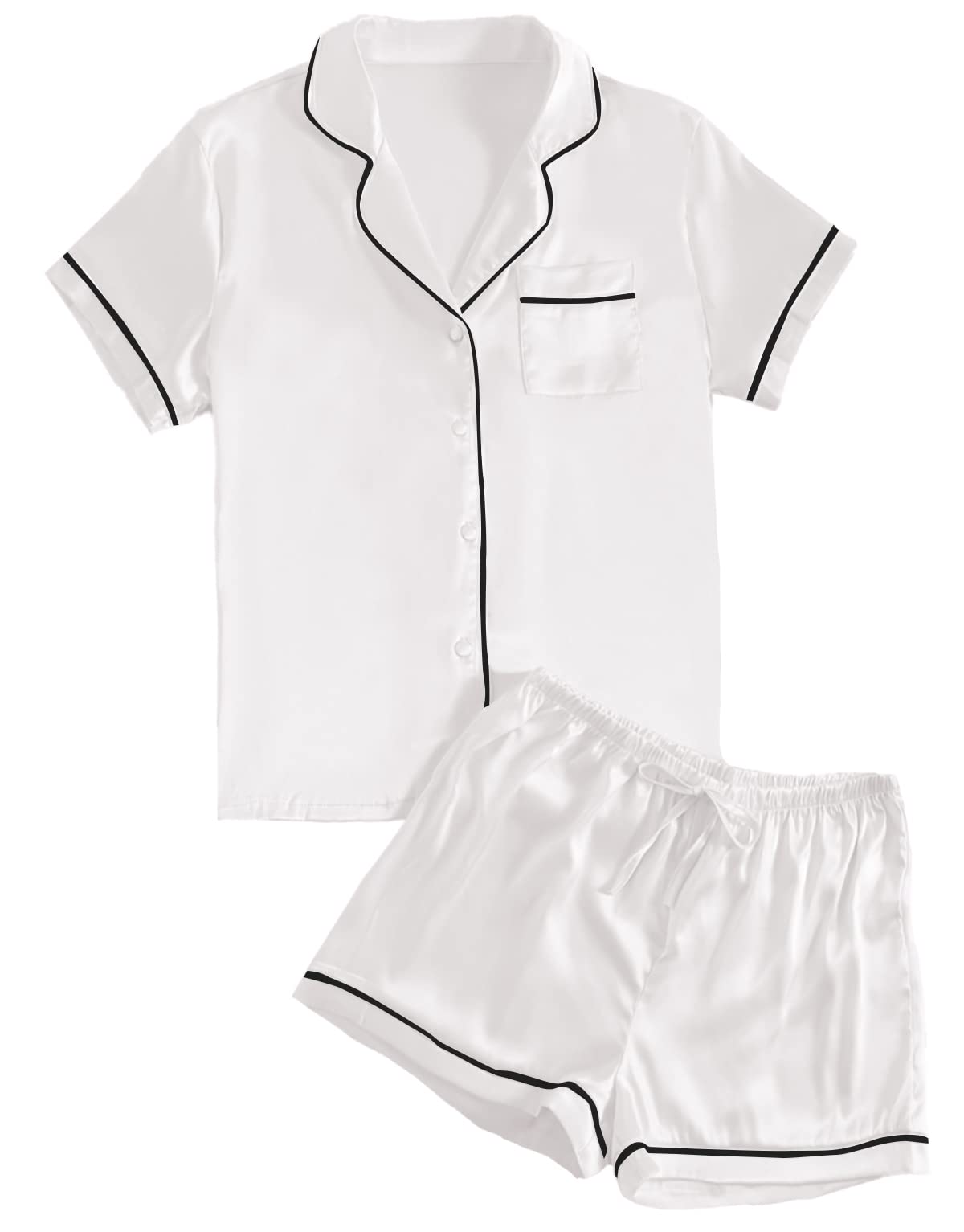LYANER Women's Satin Silky Short Sleeve Button Shirt Sleepwear 2Piece Pajama Set White Medium