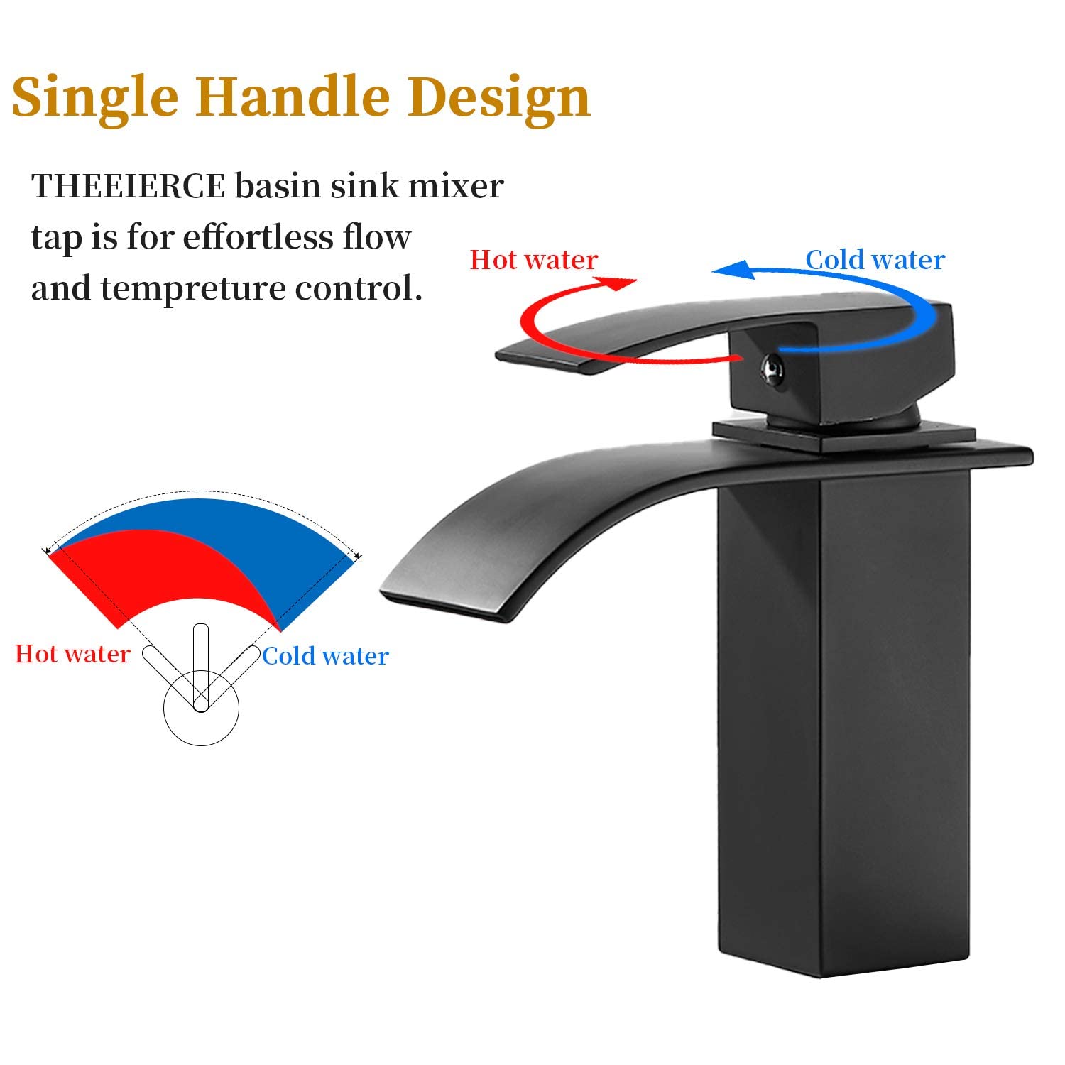 Matte Black Bathroom Faucet Waterfall Bathroom Sink Taps, Single Lever Handle Basin Mixer Tap, Anti-Rust Sink Faucets with Cold and Hot Water Mark, Matt Black