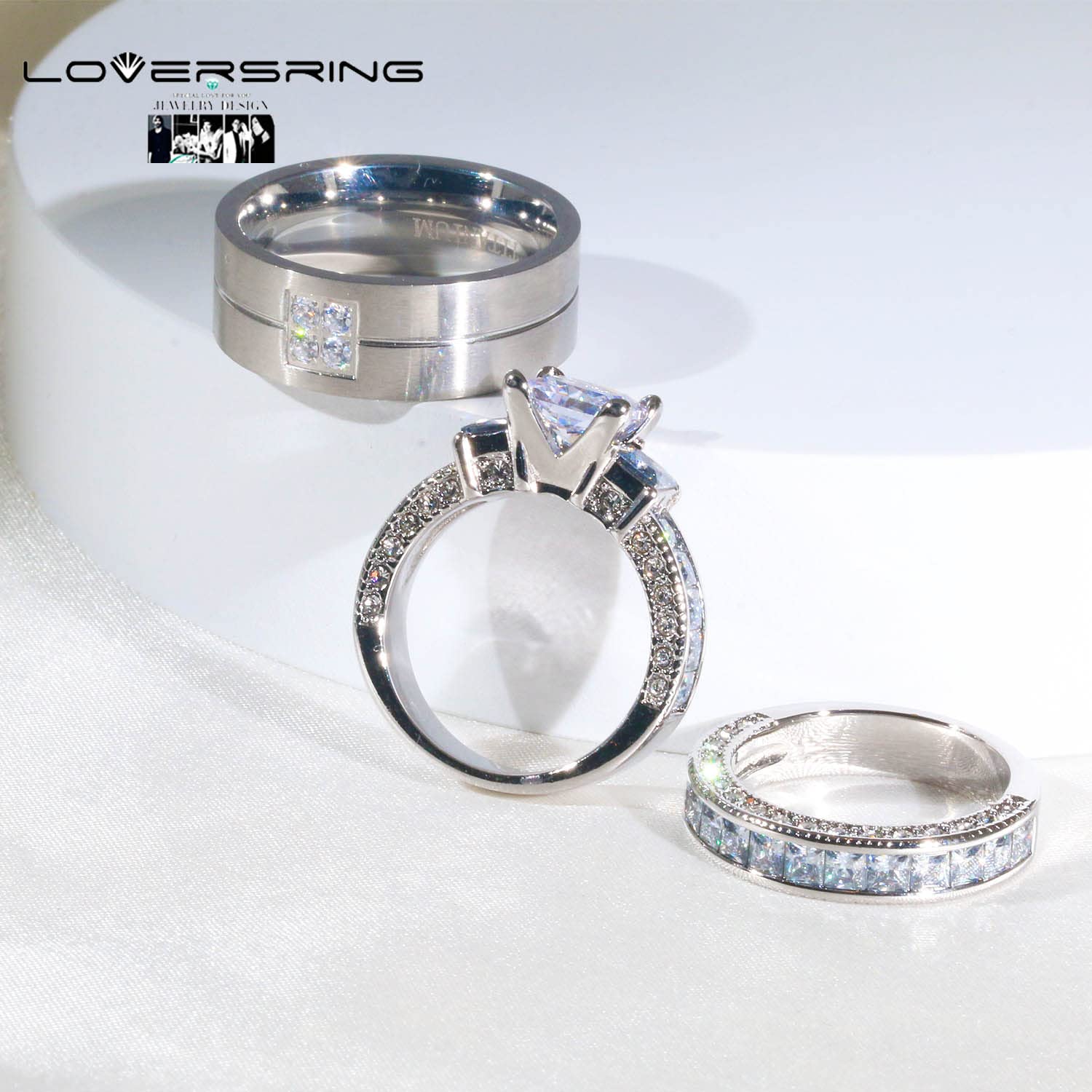 LOVERSRING Couple Ring Bridal Set His Hers White Gold Plated CZ Stainless Steel Wedding Ring Band Set