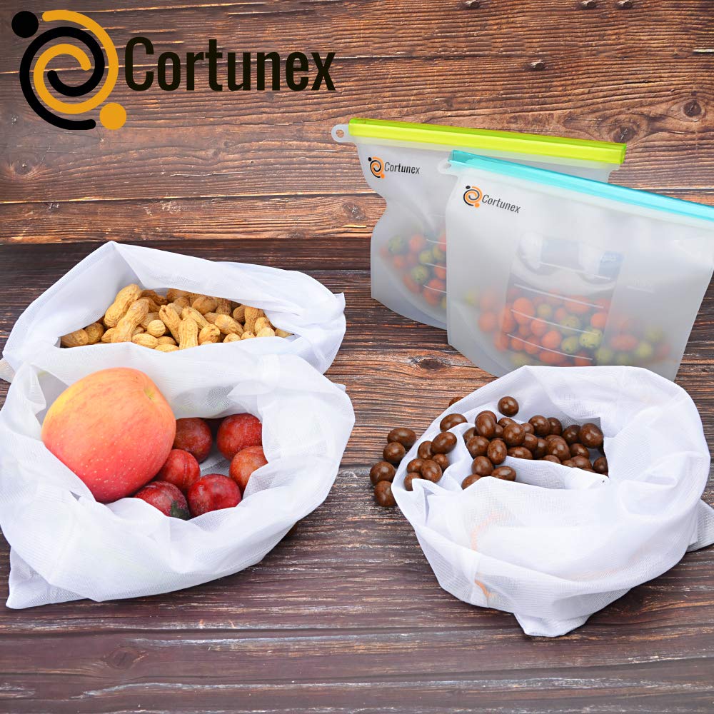 Reusable Silicone Food Storage Bags | 100% Food Grade Silicone Bags | LEAKPROOF, AIRTIGHT | Keep Fruit, Snacks, Veggie, Sandwich FRESH | Set Of 6 Bundle With 6 Reusable Mesh Produce Bags