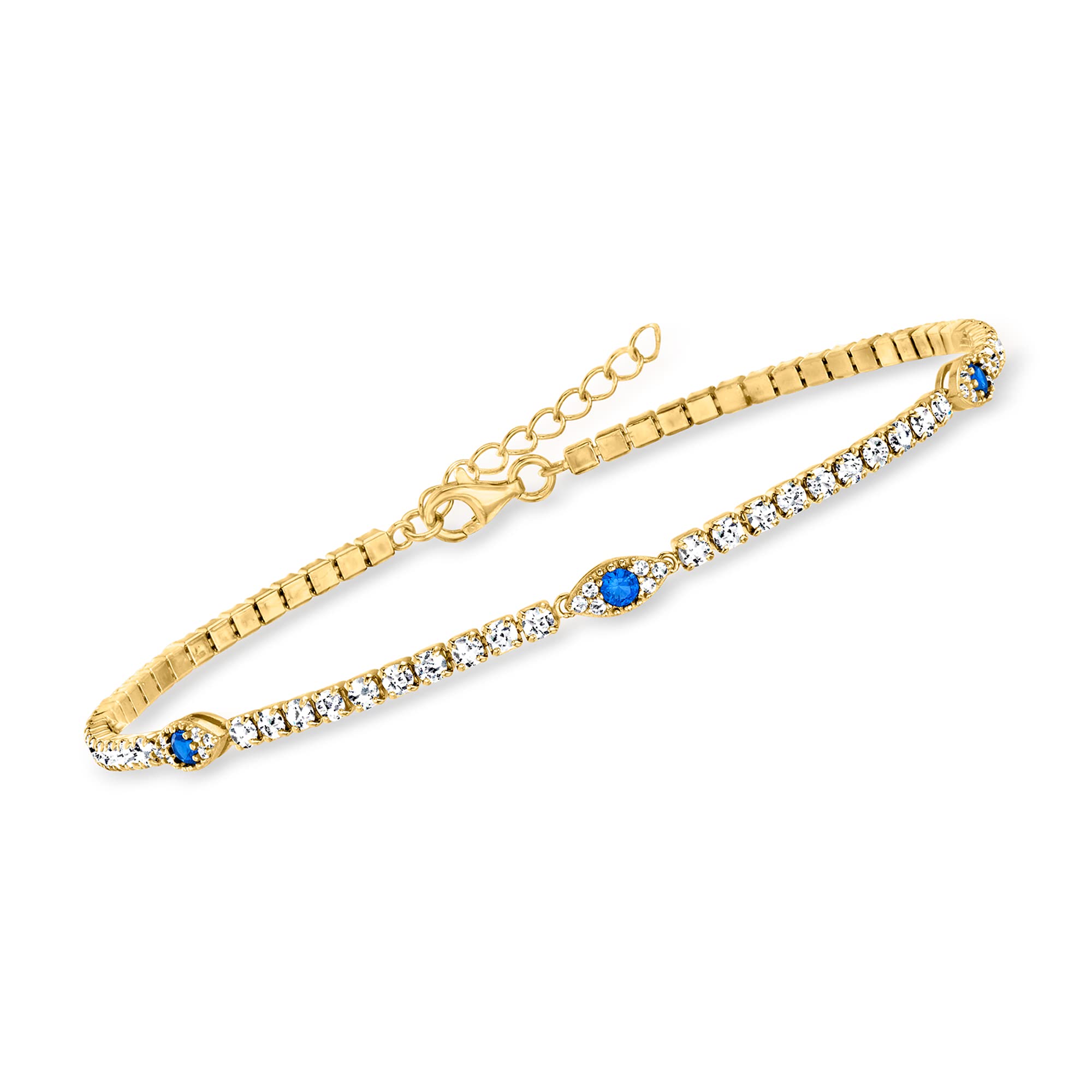 Ross-Simons 3.60 ct. t.w. CZ and .30 ct. t.w. Simulated Sapphire Evil Eye Anklet in 18kt Gold Over Sterling. 9 inches