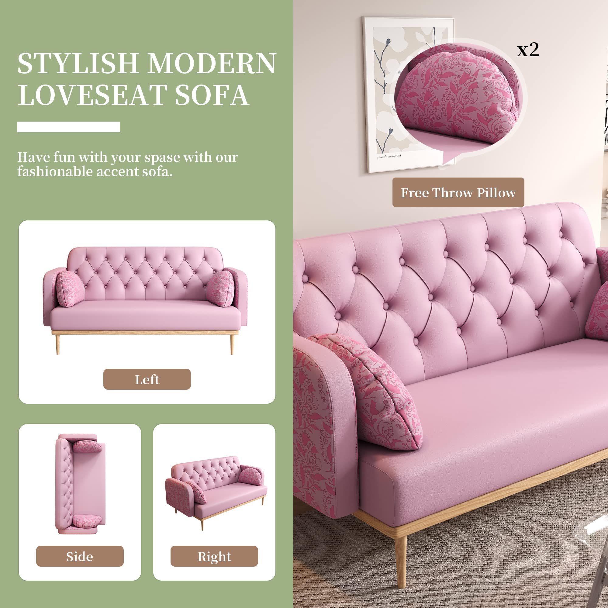 Loveseat Sofa, Mid Century Modern Decor Love Seat Couch, 56" 2-Seater Sofa Double seat Modern Sofa for Living Room, Apartment, Studio,Office & Small Space (Pink)