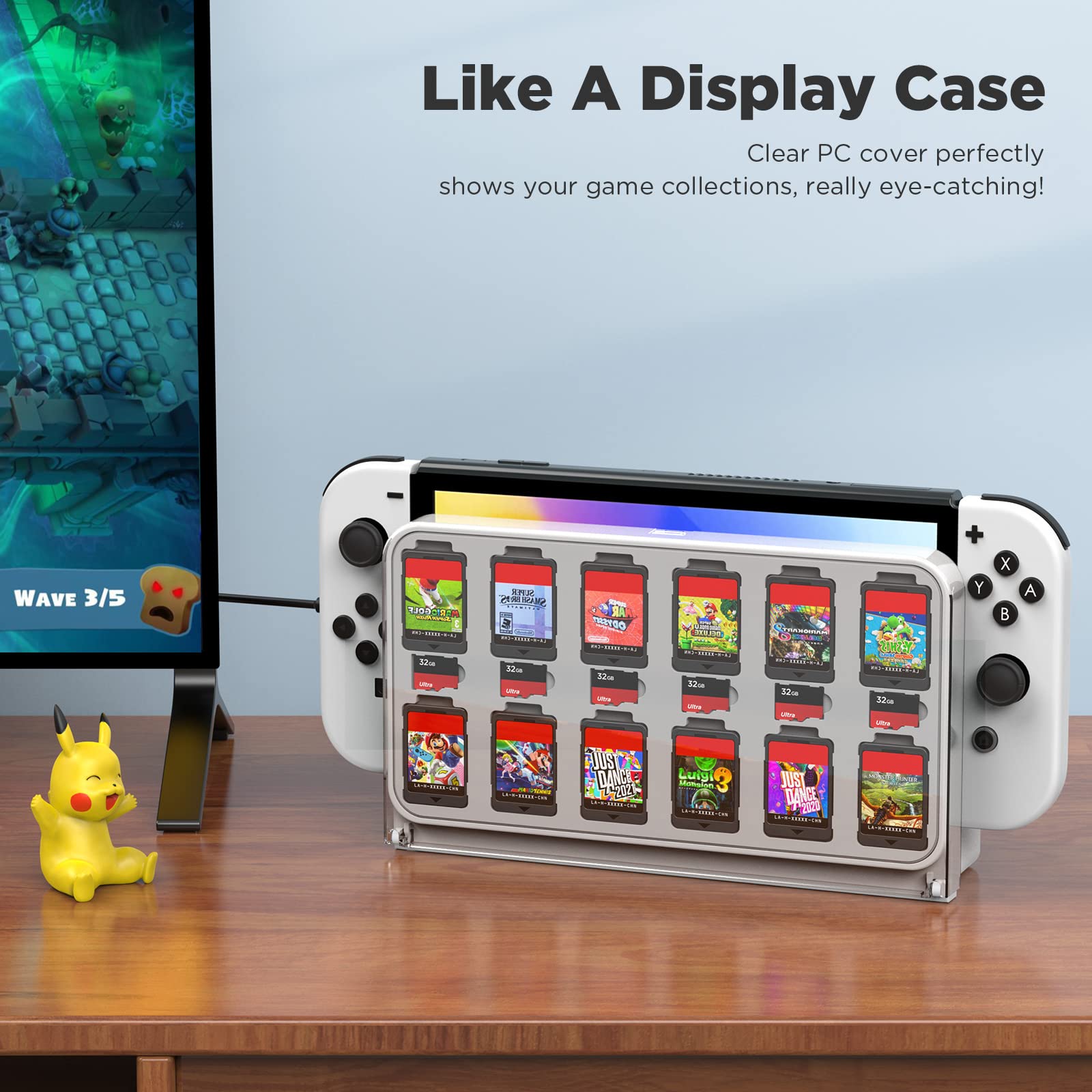 TiMOVO Switch Game Card Case for Nintendo Switch OLED Dock, Game Holder with 12 Cartridge Slots and 6 Micro SD Card Storage, Clear Game Card Display Cabinet Box Organizer fit Switch OLED Station,Clear