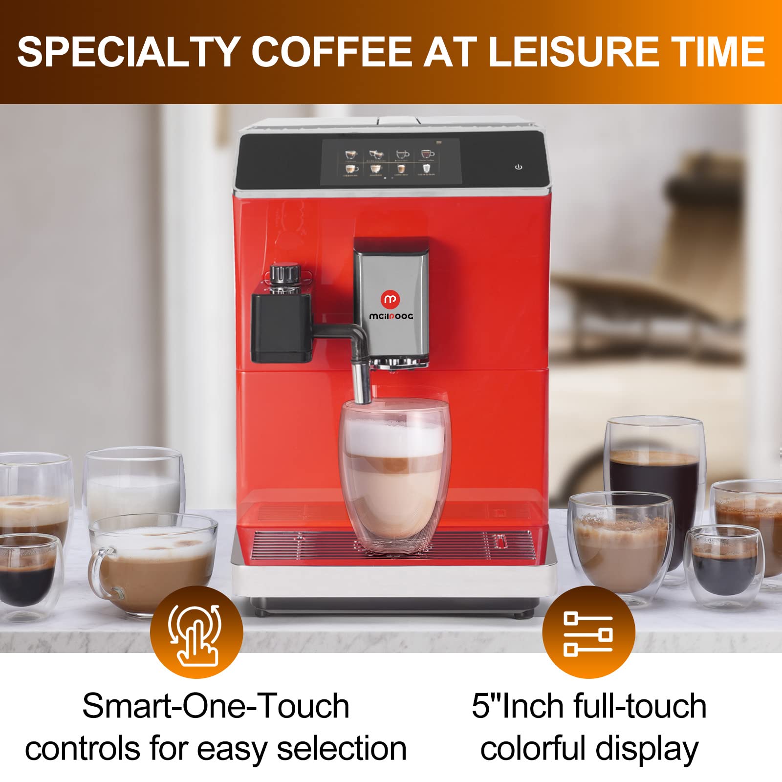 Mcilpoog Super Automatic Espresso Coffee Machine,Fully Automatic Espresso Machine With Grinder, Easy To Use Touch Screen Coffee Maker with Milk Frother.16 Coffee Recipes.(WS-203 Red)