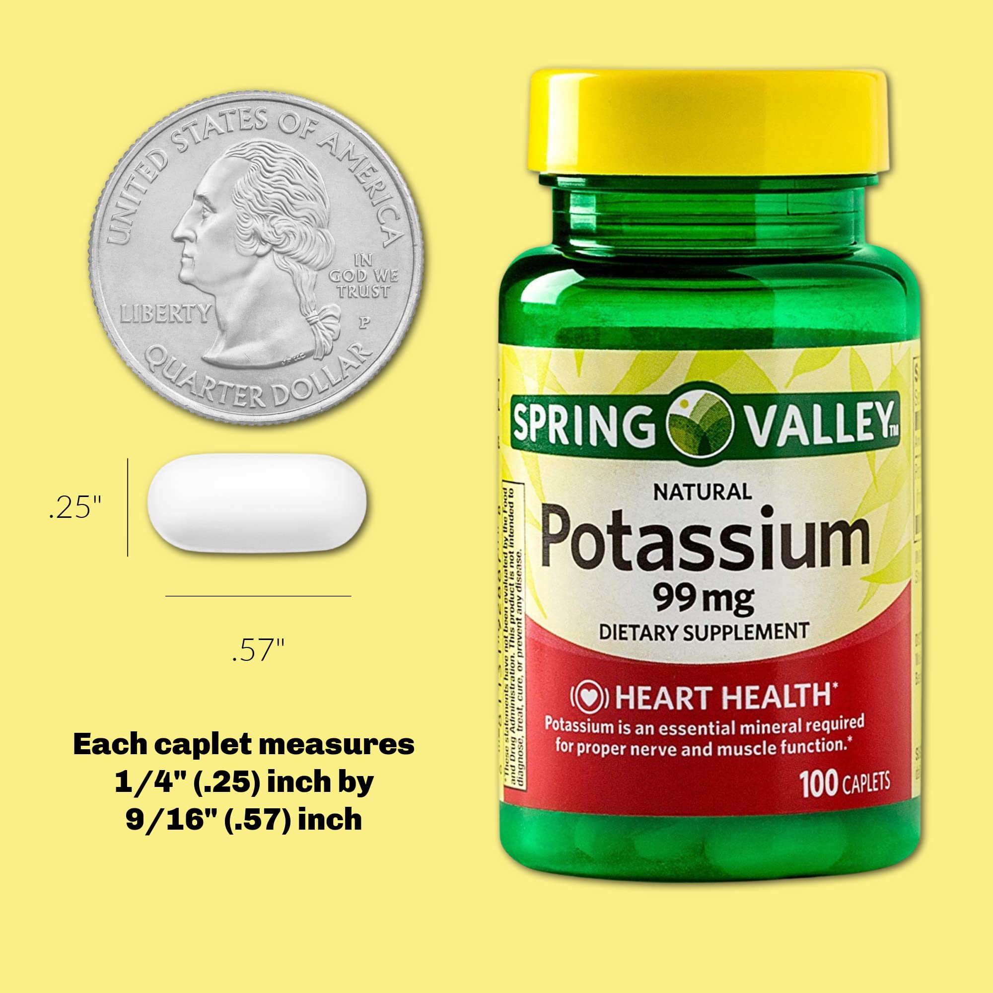 Potassium Supplement 99 mg Caplets - 3+ Month Supply (100 Caplets) - Heart, Nerve & Muscle Function from Spring Valley + Vitamin Pouch and Guide to Supplements