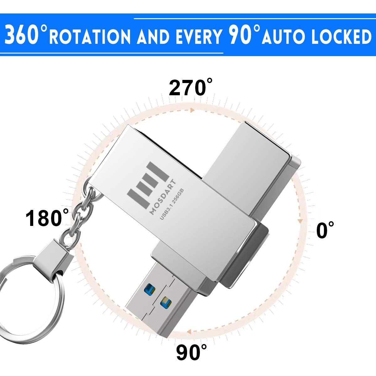 MOSDART 256GB 300Mb/s USB 3.1 Flash Drive Fast Speed and Rugged Metal Thumb Drive with Keychain USB3.1 256 GB 360-degree Jump Drive for Data Storage - Silver