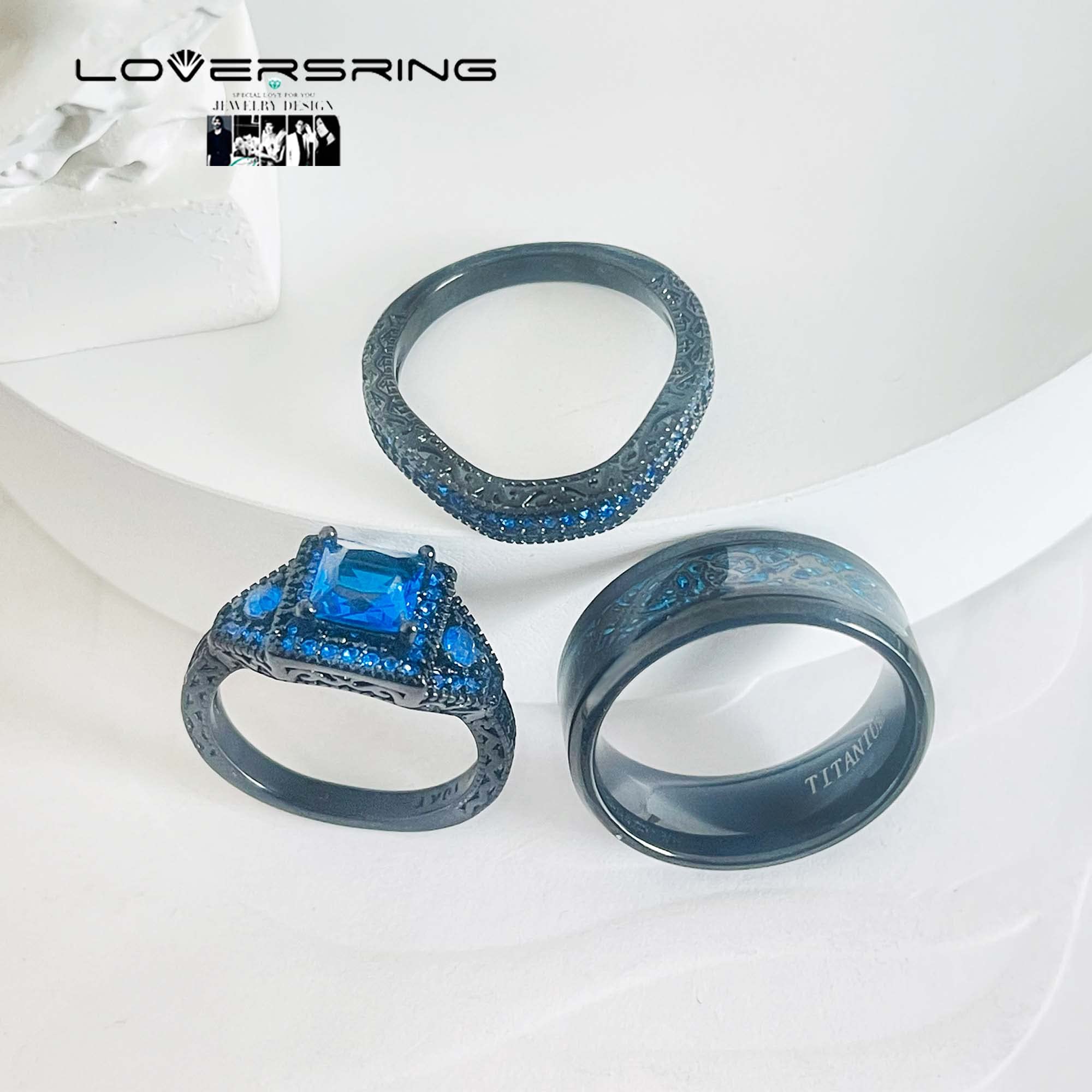 LOVERSRING Couple Ring Bridal Set His Hers Black Gold Filled Blue Cz Stainless Steel 10k Wedding Ring Band