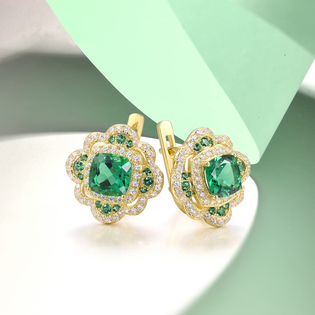 Santuzza 925 Sterling Silver Flower Shape Gemstone Earrings Gold Plated Green Spinel White Cubic Zirconia Daisy Huggie Earrings for Women