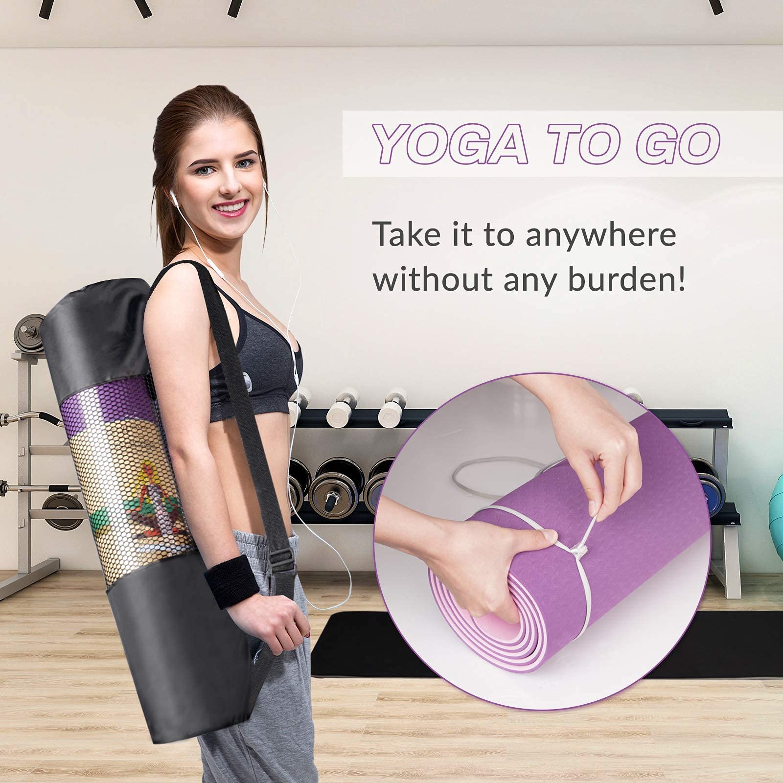 Non-Slip Yoga Mat, Eco Friendly TPE Workout Mat with Strap and Bag, 1/4 Inch Thick, 72”x 24”, Comfortable and Easy to Carry, Purple
