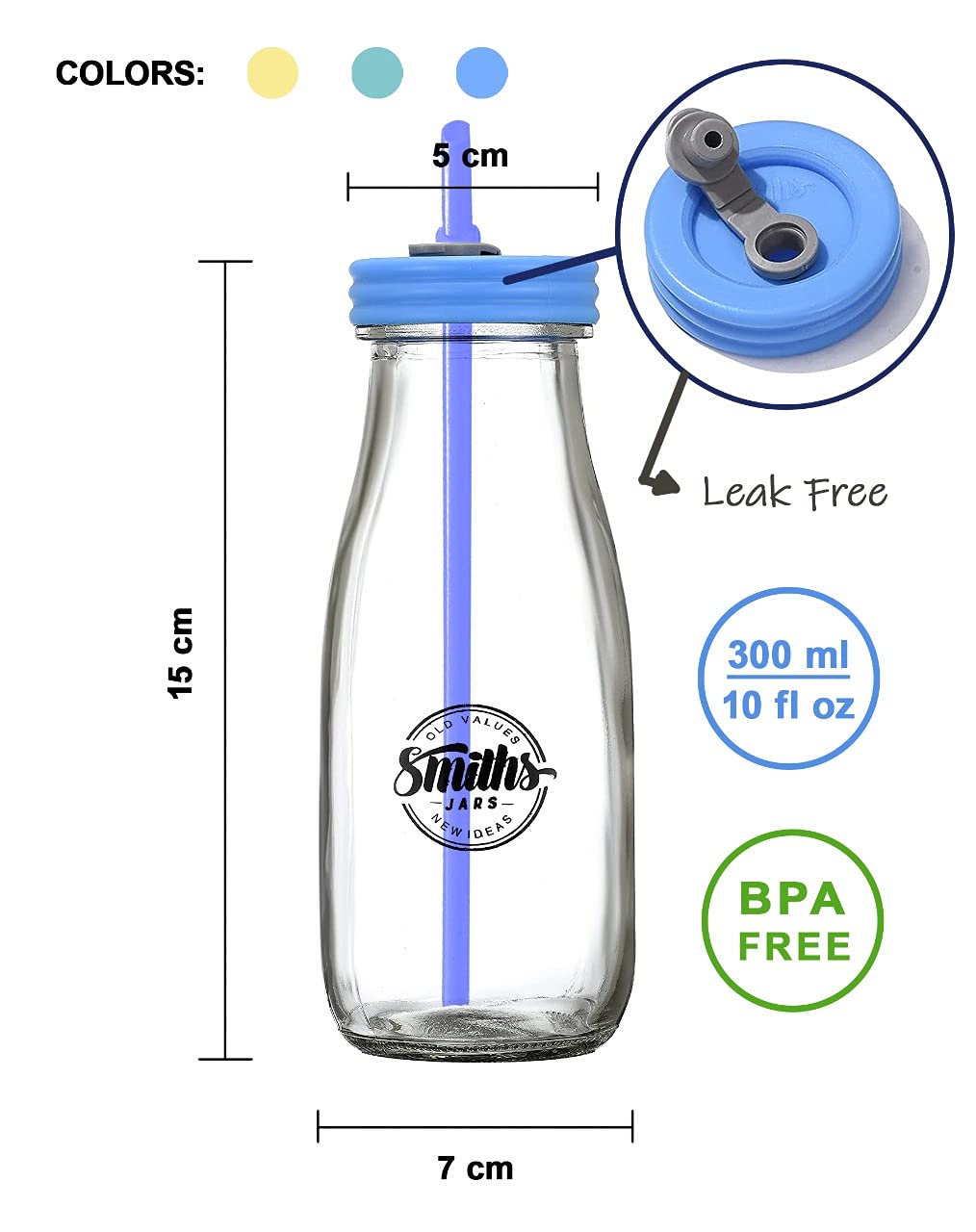 Smiths Mason Jars Set of 9 Mini Glass Milk Bottles 300ml Splash Proof Lids and Reusable Drinking Straws for Kids | General Use Kids Home