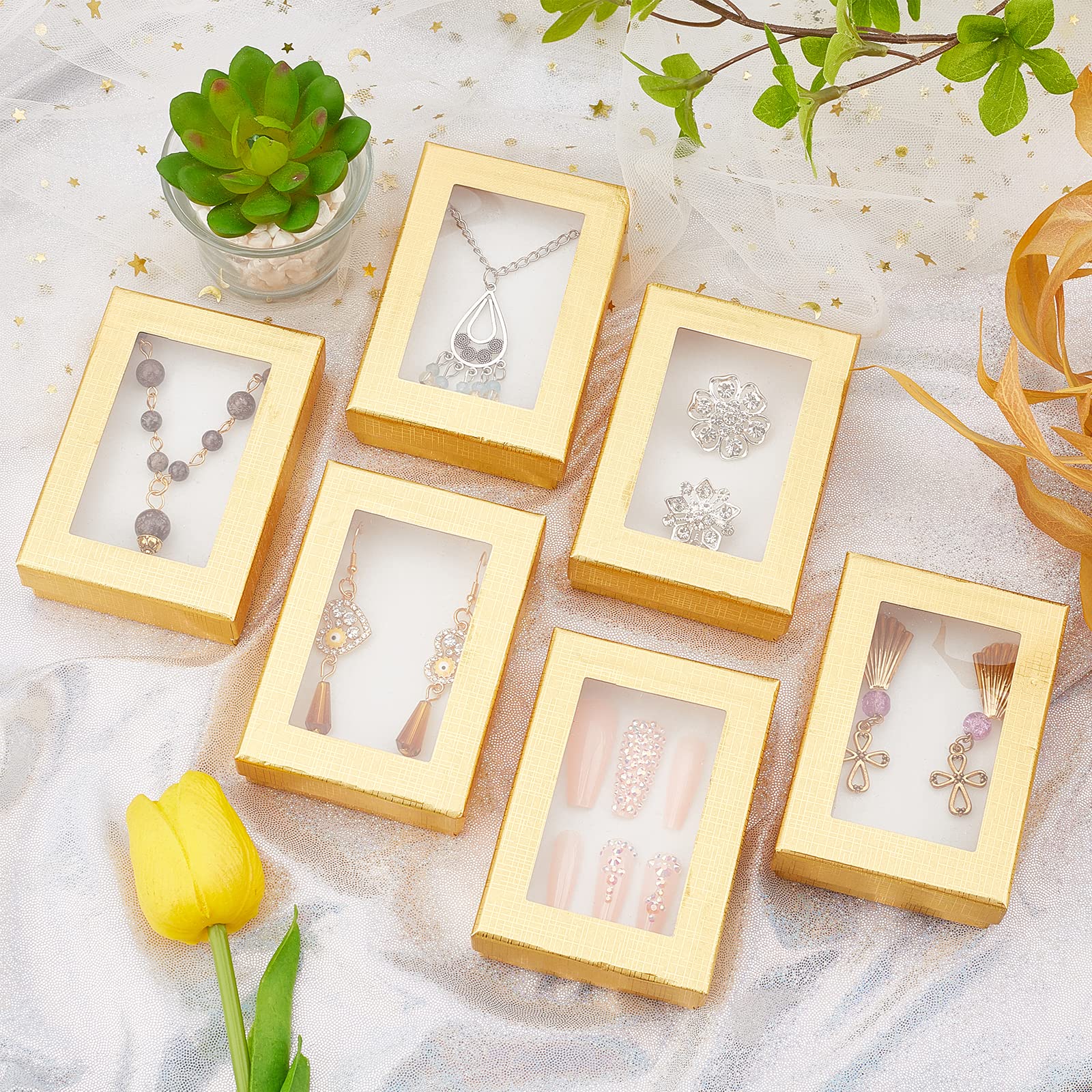 NBEADS 24 Pcs 3.54"x2.55"x1.1"Gift Presentation Boxes with Padding Inside, Golden Nail Packaging Boxes Necklace Boxes Bulk for Christmas Necklaces Earrings Rings Bracelets