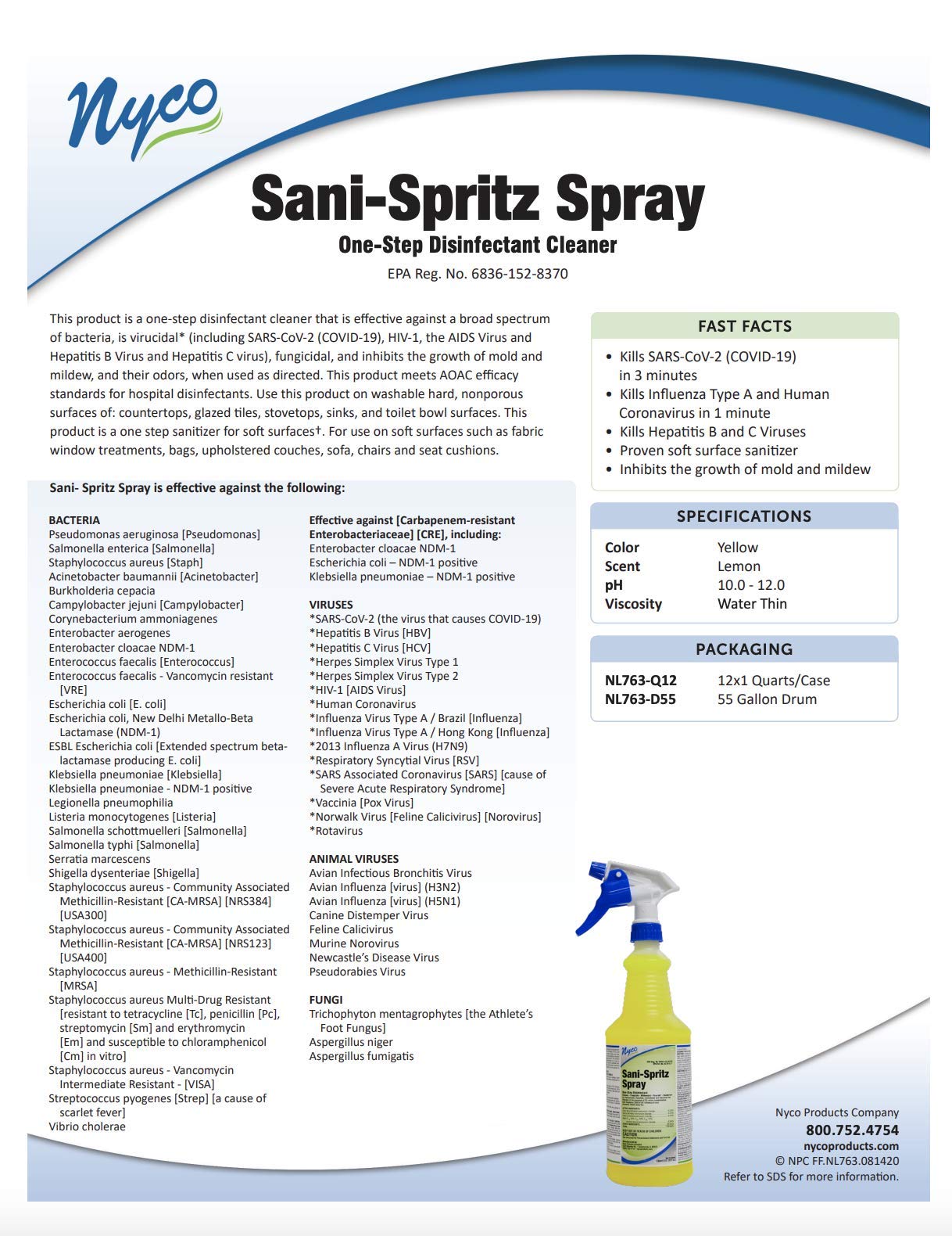 Nyco Sani-Spritz Spray - 32 oz RTU Spray Bottles - Case of 12 (sprayers not included) - Disinfectant - Cleaner - Mildewstat - Deodorizer - One-Step Disinfectant Cleaner