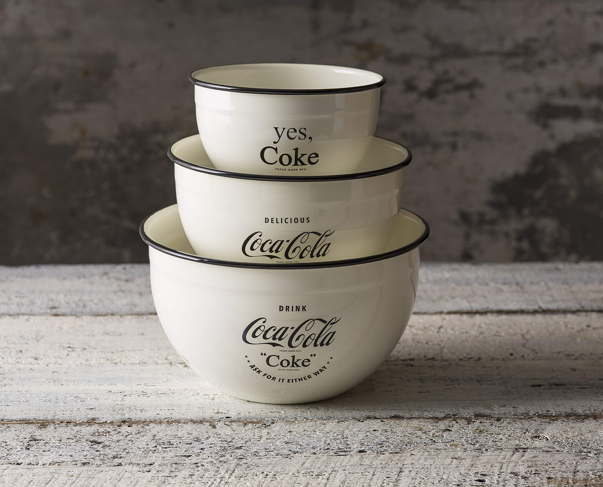 TableCraft's Coca-Cola Enamel Mixing Bowls, S: 7'' dia, M: 8.5'' dia, L: 1.25'' dia, White