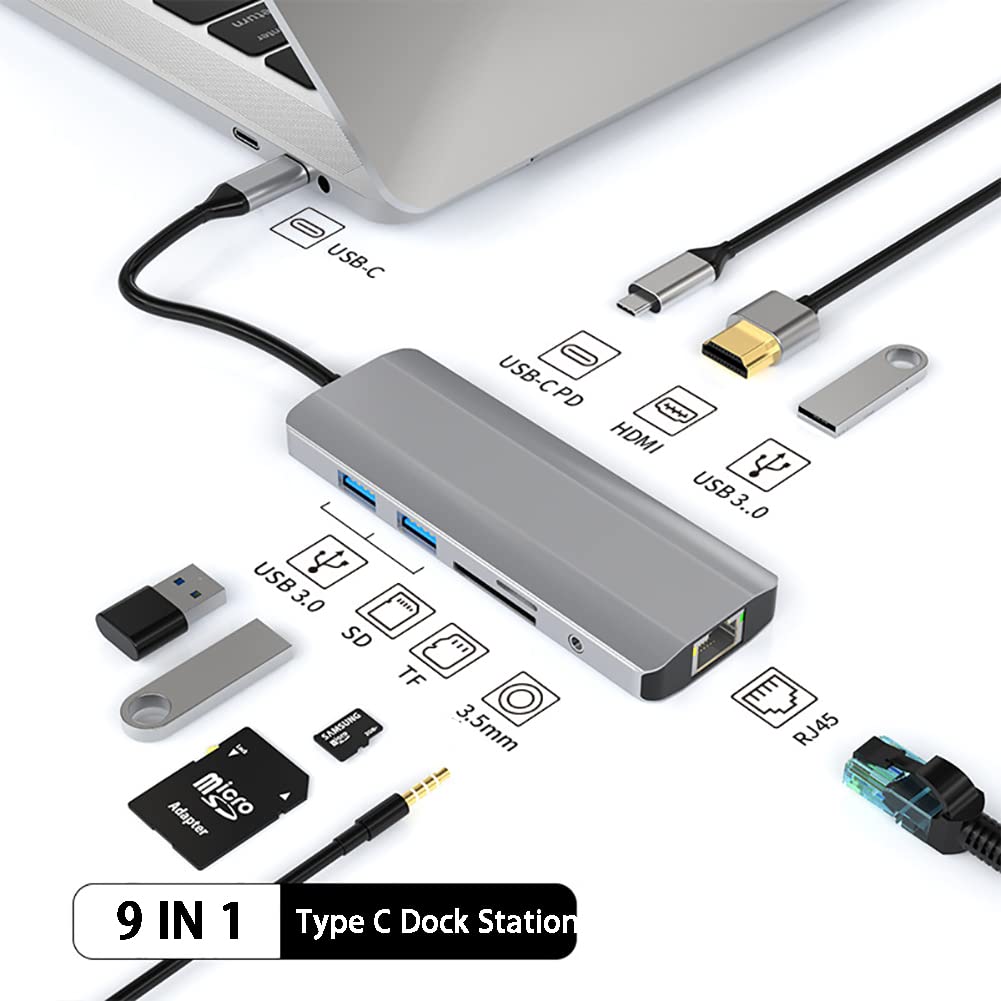 USB C Hub,USB C Laptop Docking Station,9 in 1 Type C Adapter Compatible for MacBook and Windows(HDMI PD USB 3.0 SD TF Card Reader RJ45)