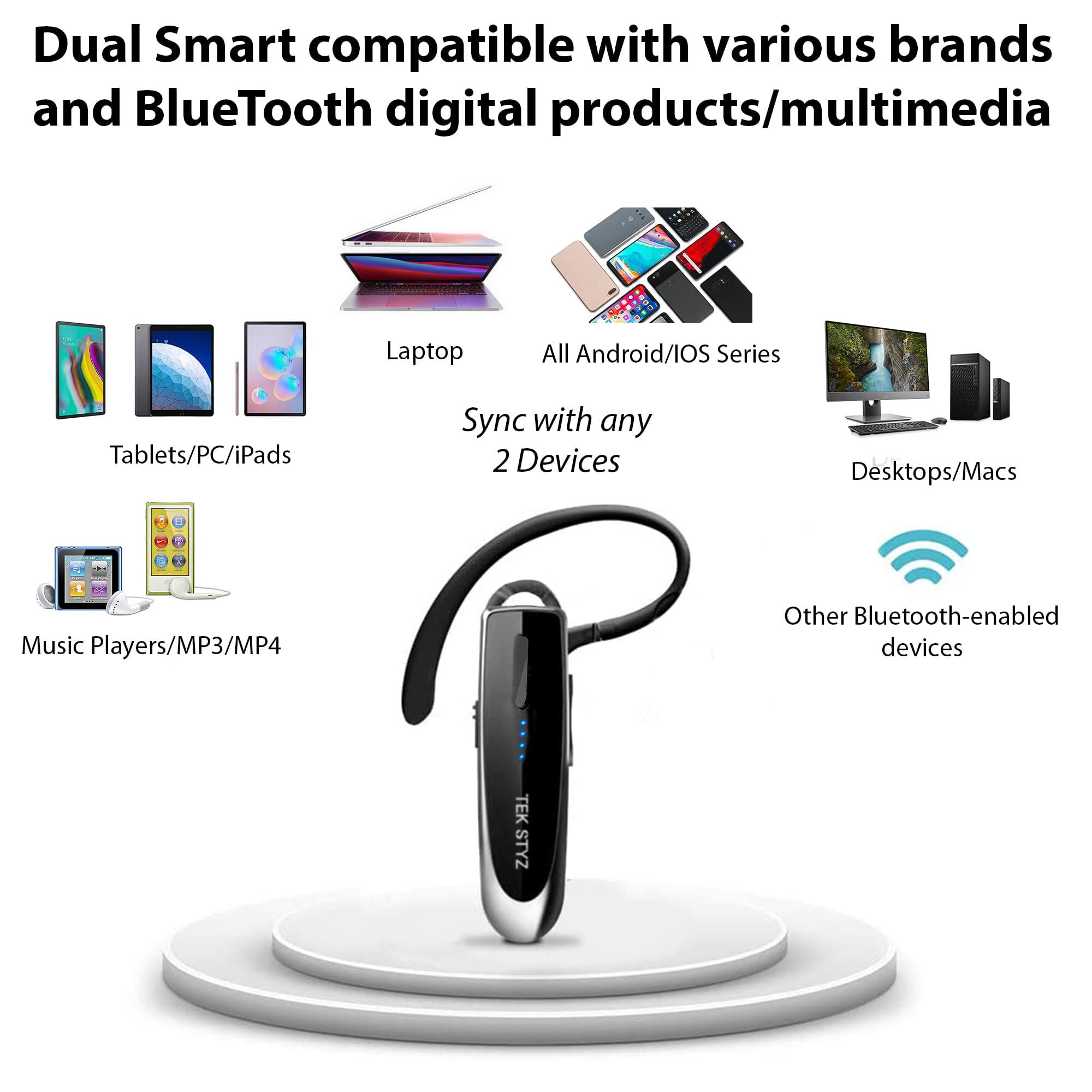 TEK STYZ Headset Compatible with Samsung Galaxy S21/Ultra/Plus/S21+ 5G Smartphone in Ear Bluetooth 5.0 Wireless Earpiece, IPX3 Waterproof, 24h Dual Microphones, Noise Reduction (Black/Silver)