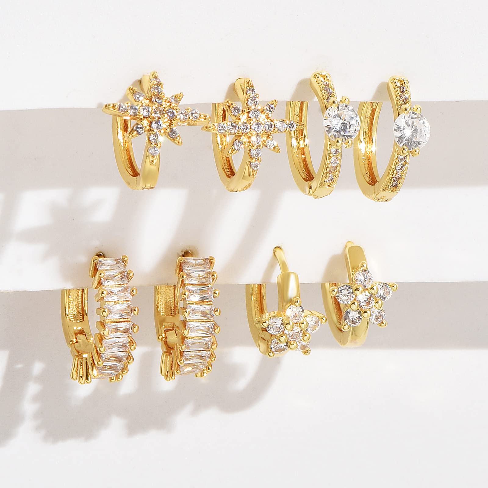 Small Gold Huggie Hoop Earrings Set for Women, Hypoallergenic Twisted Cartilage Hoops Lightweight, Tiny Diamond Hoop Earrings Jewelry for Multiple Piercing (4pairs,star)