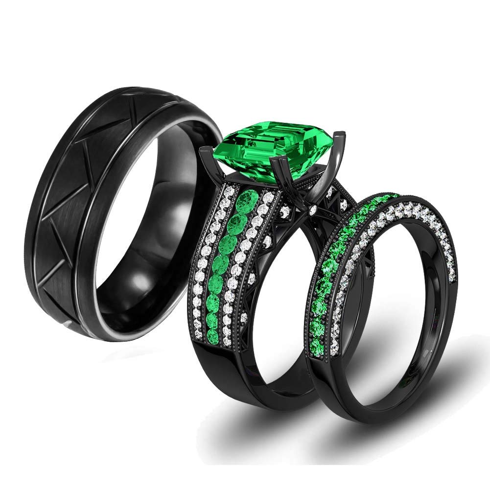 LOVERSRING Two Rings His and Hers Couple Ring Bridal Set His Hers Women Black Gold Filled Green Cz Man Stainless Steel Wedding Ring Band Set