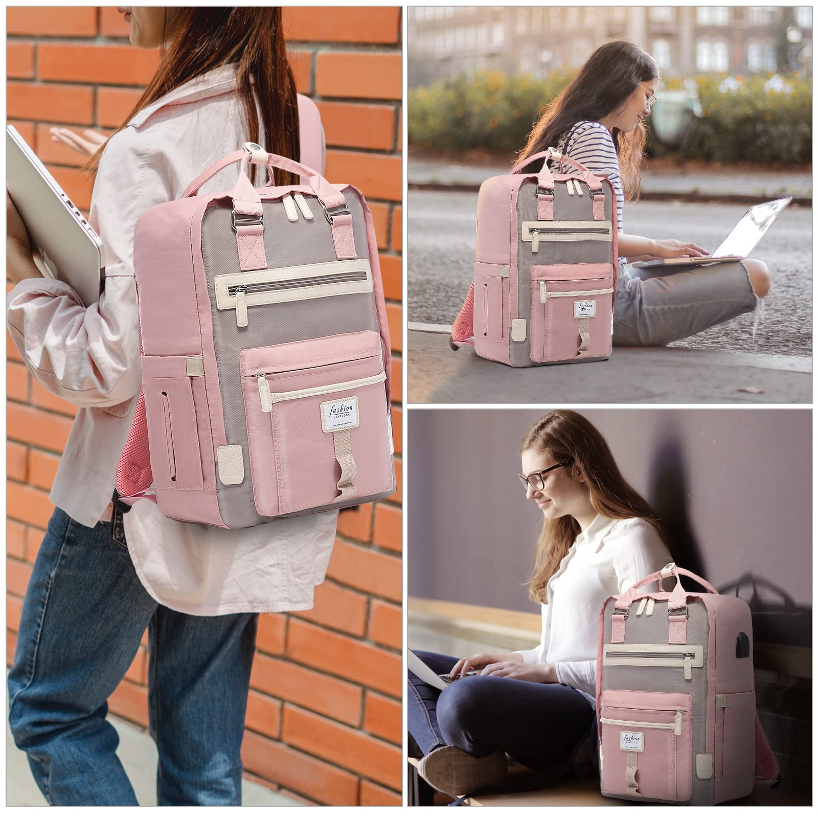 LOVEVOOK Laptop Backpack for Women Waterproof Travel Backpack Cute Backpack with USB Charging Port 14 Inch, Pink