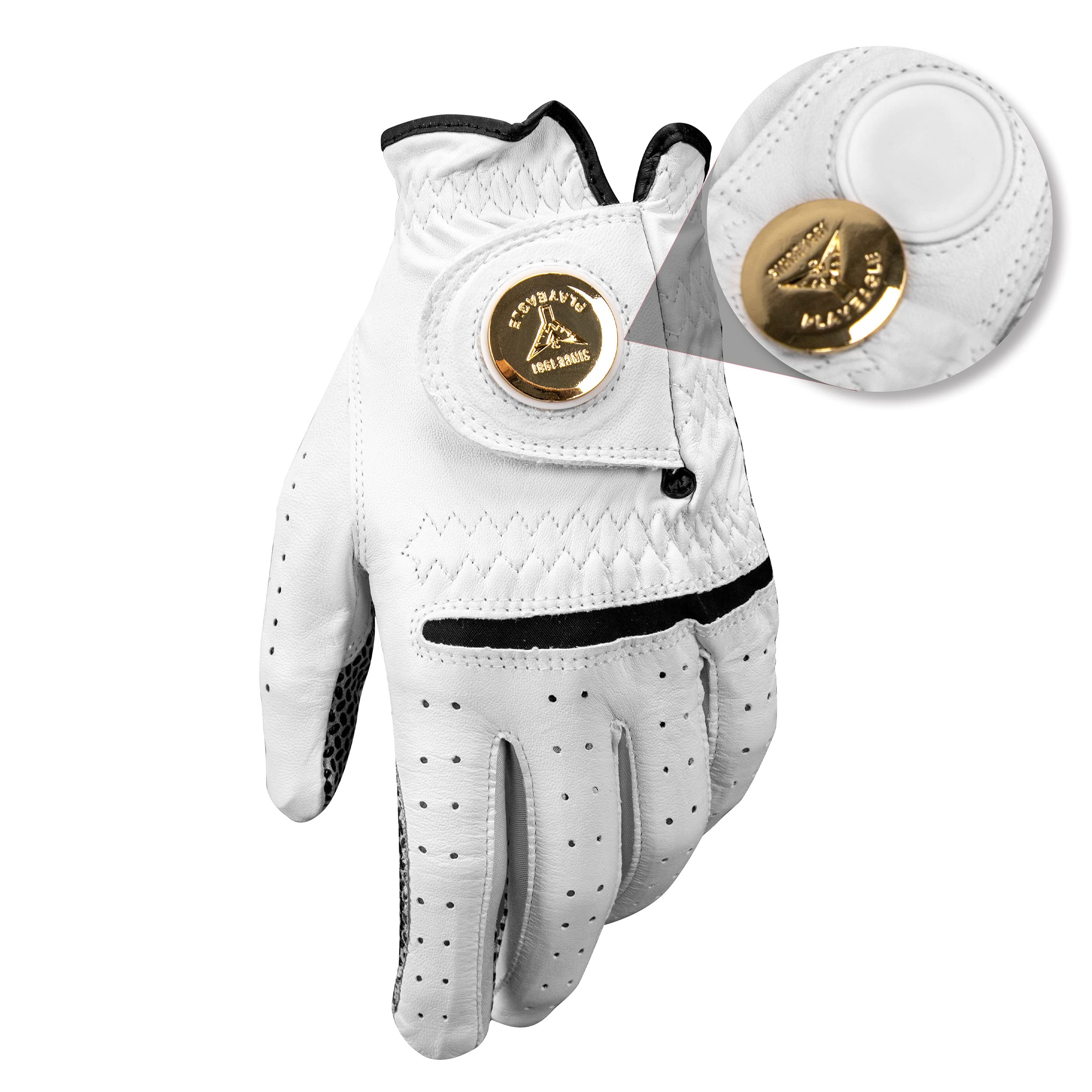 PLAYEAGLE Golf Glove Men Left Hand Stable Grip Golf Gloves Patented Natural Fit Technology Made of Long Lasting Durable Genuine Cabretta Leather (Golden Logo, X-Large)