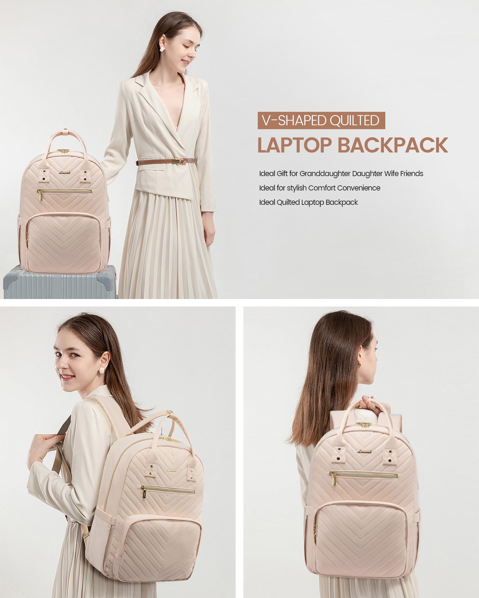 LOVEVOOK Laptop Backpack for Women, Large Capacity Travel Backpack with Luggage Strap, Stylish Women Backpack with USB Port, Waterproof Quilted Work Backpack for Business Casual Black