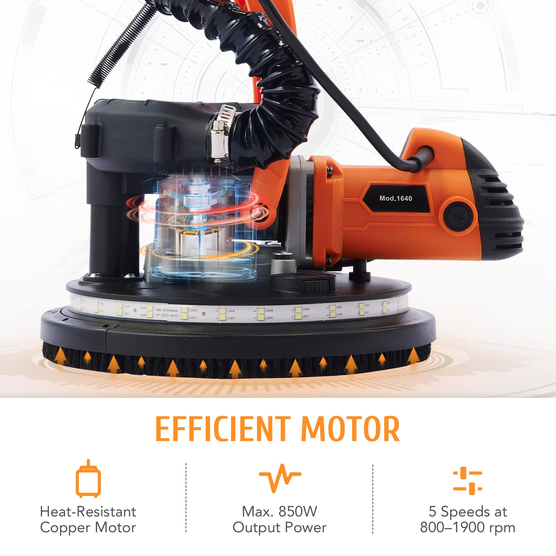 ZELCAN 850W Electric Power Drywall Sander with Vacuum Dust Collector, Swivel Head Extendable Variable 5-Speed LED High Visibility Wall Grinding Machine and 12 Sanding Discs